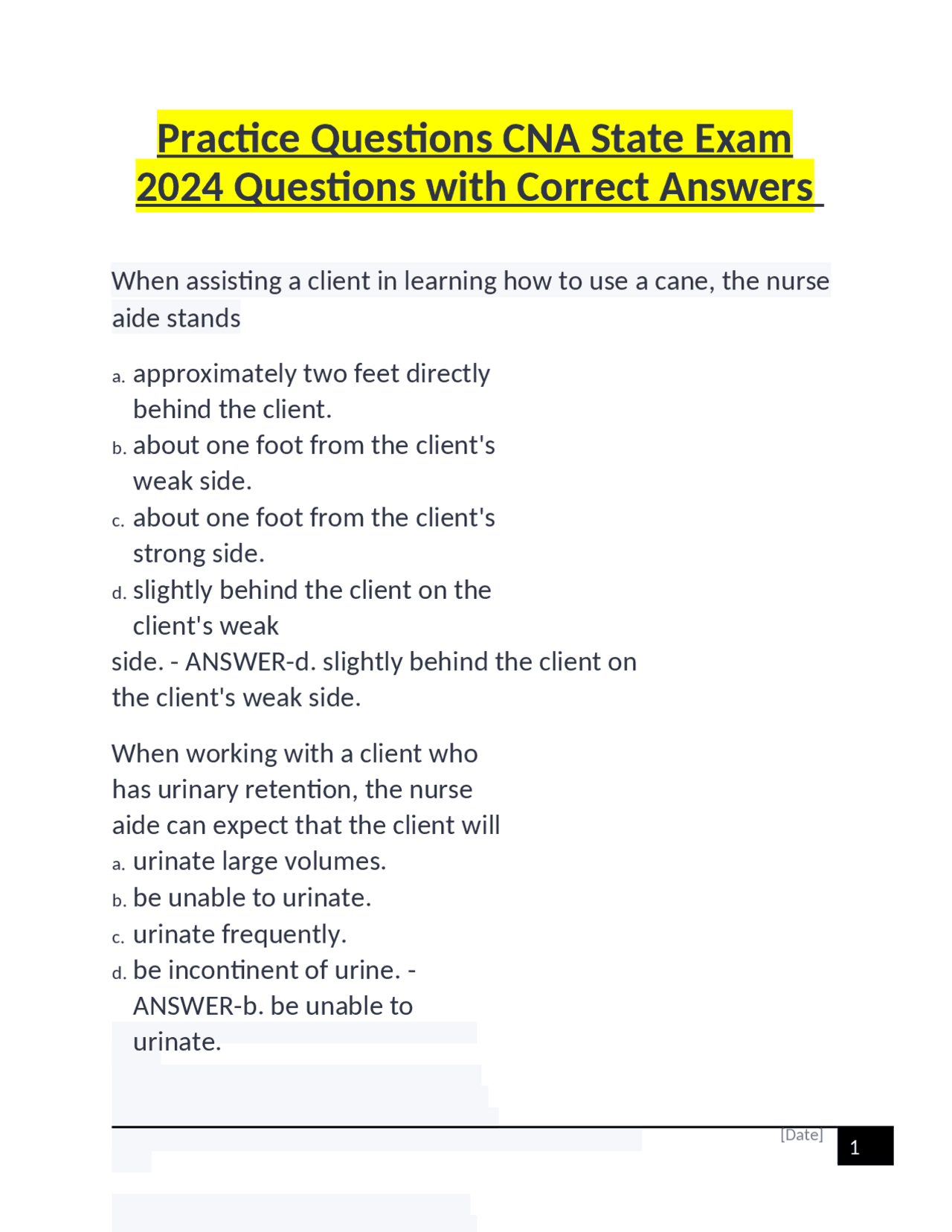Practice Questions CNA State Exam 2024 Questions with Correct Answers ...