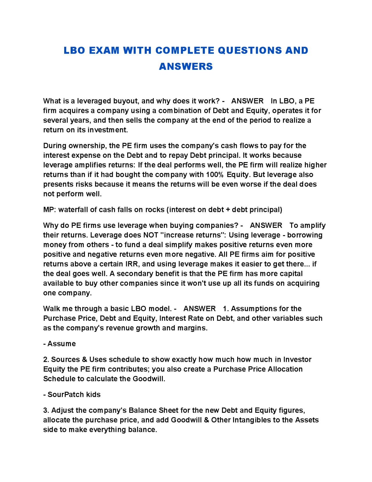 LBO EXAM WITH COMPLETE QUESTIONS AND ANSWERS | Exams Nursing | Docsity