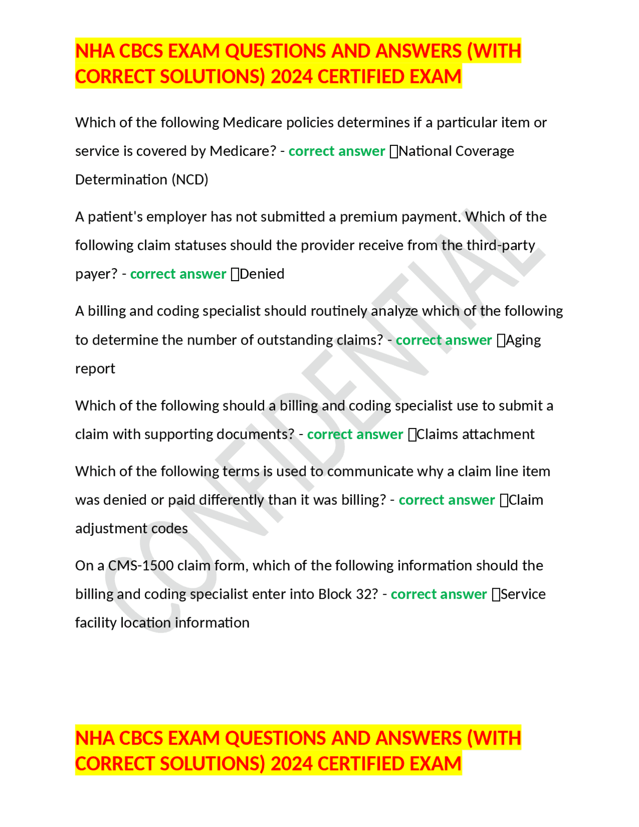 NHA CBCS EXAM QUESTIONS AND ANSWERS (WITH CORRECT SOLUTIONS) 2024 ...