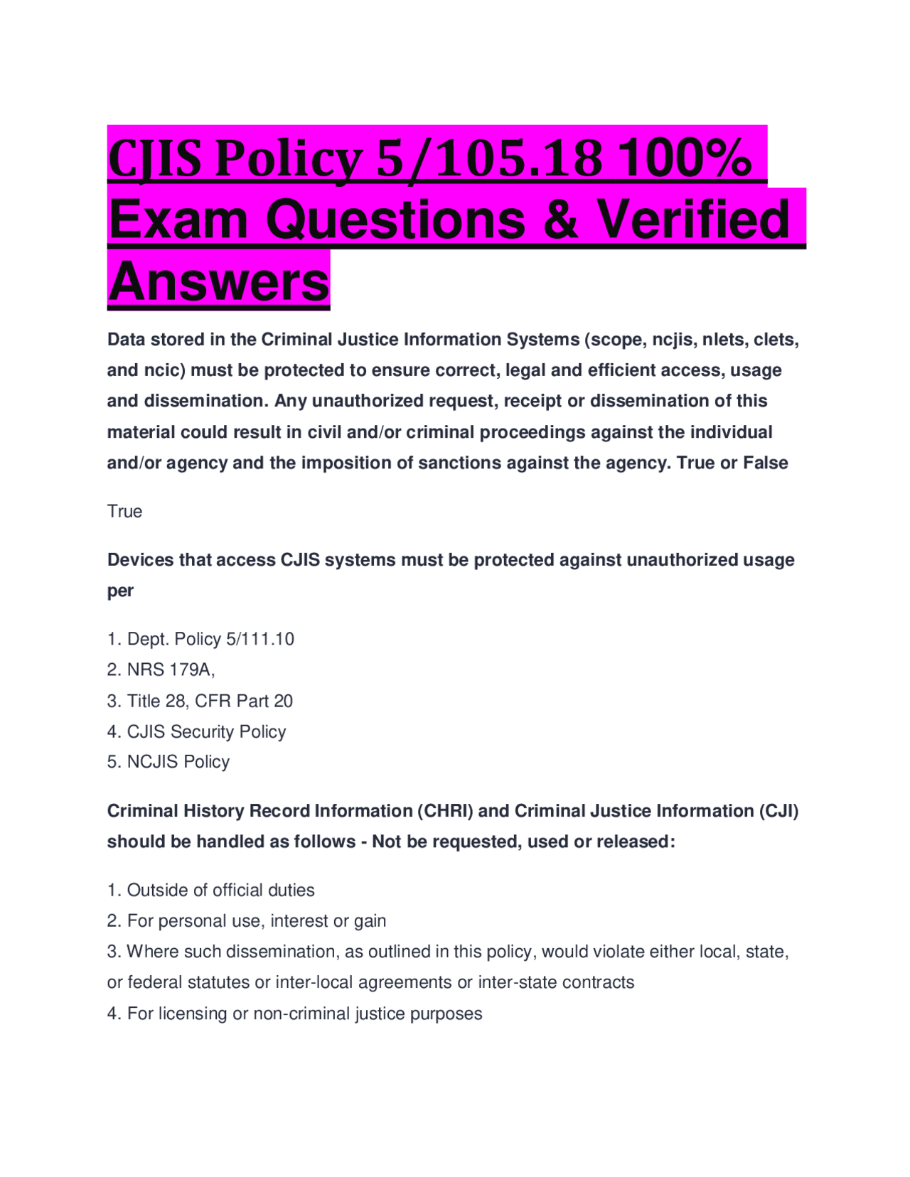 CJIS Policy 5/105.18 100% Exam Questions & Verified Answers | Exams ...