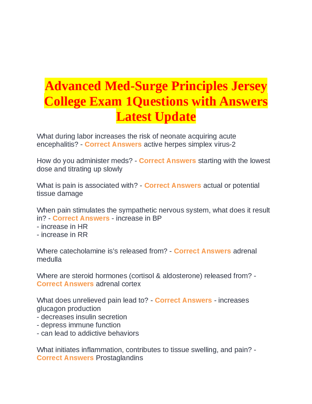 Advanced Med-Surge Principles Jersey College Exam 1Questions with ...