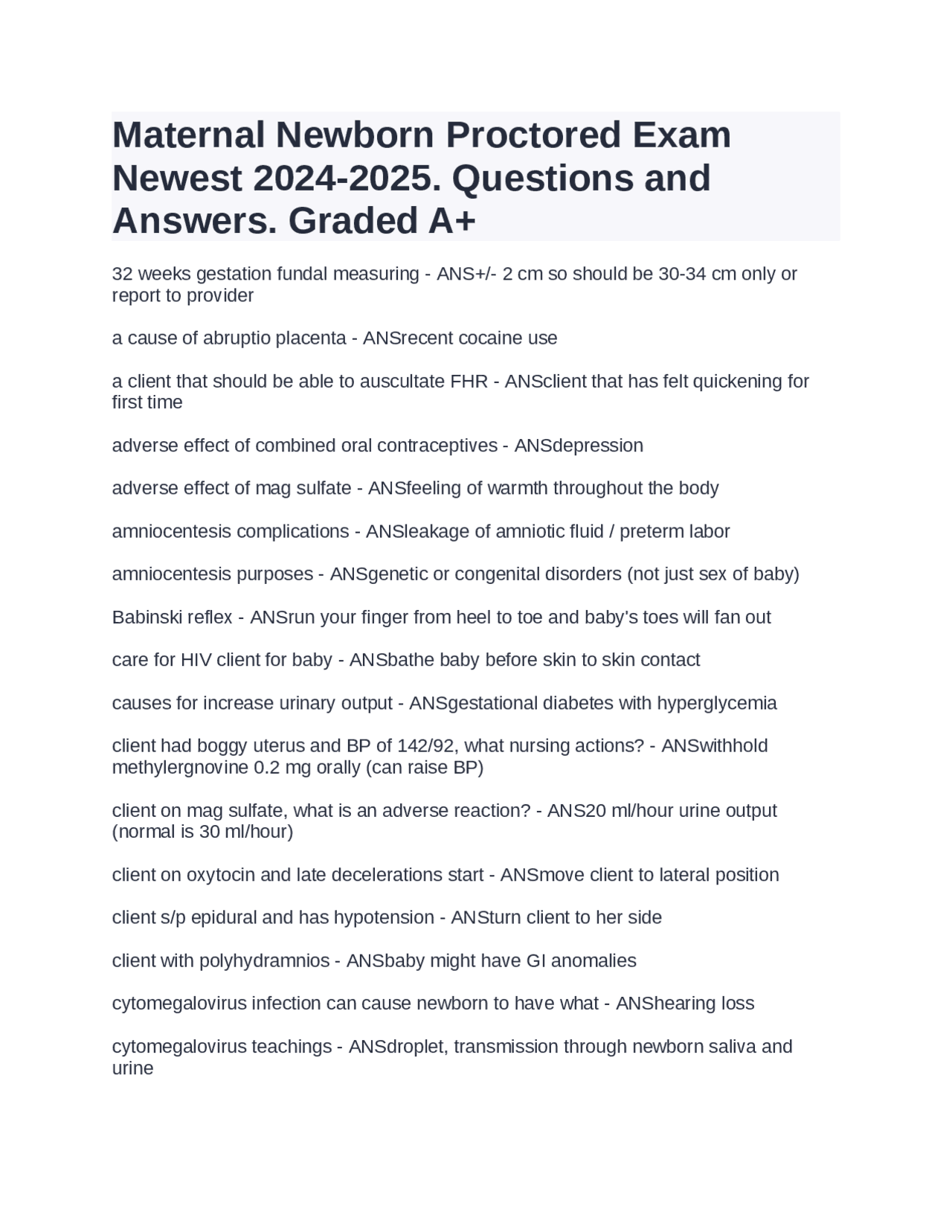 Maternal Newborn Proctored Exam Newest 2024-2025. Questions and Answers ...