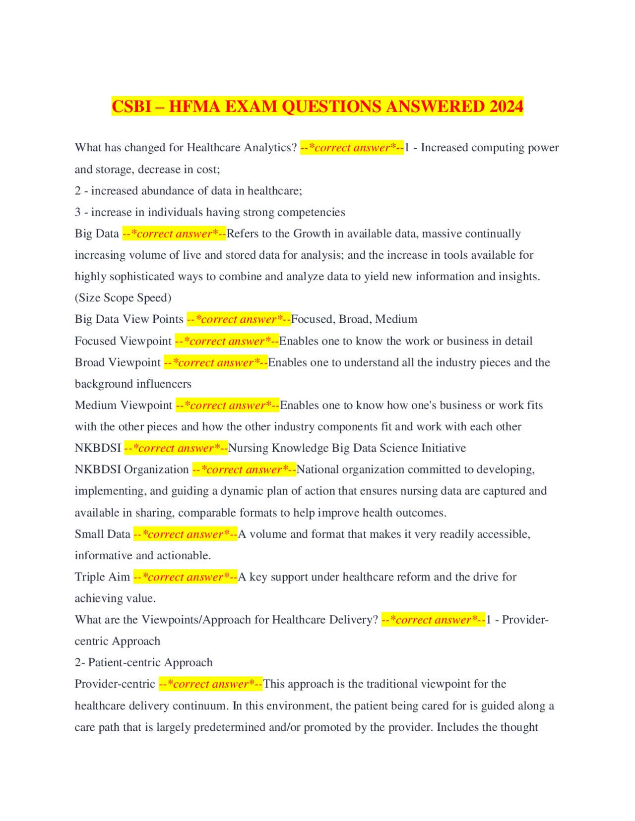 CSBI – HFMA EXAM QUESTIONS ANSWERED 2024 | Exams Nursing | Docsity