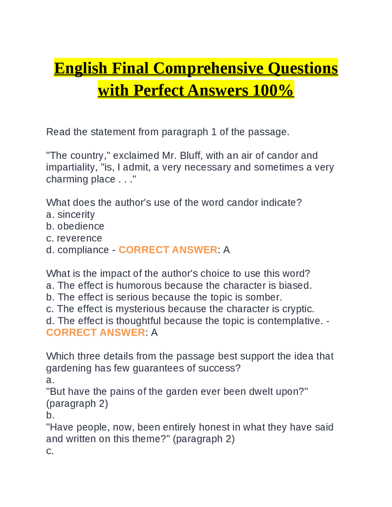 English Final Comprehensive Questions with Perfect Answers 100% | Exams ...
