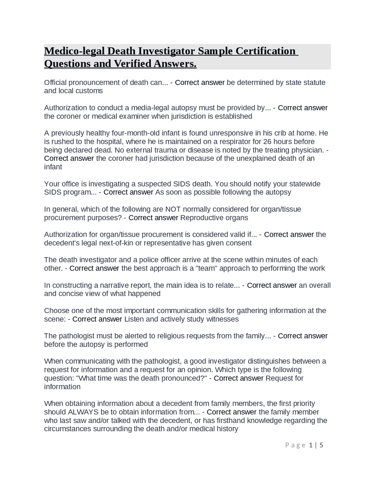 Medico-legal Death Investigator Sample Certification Questions and ...