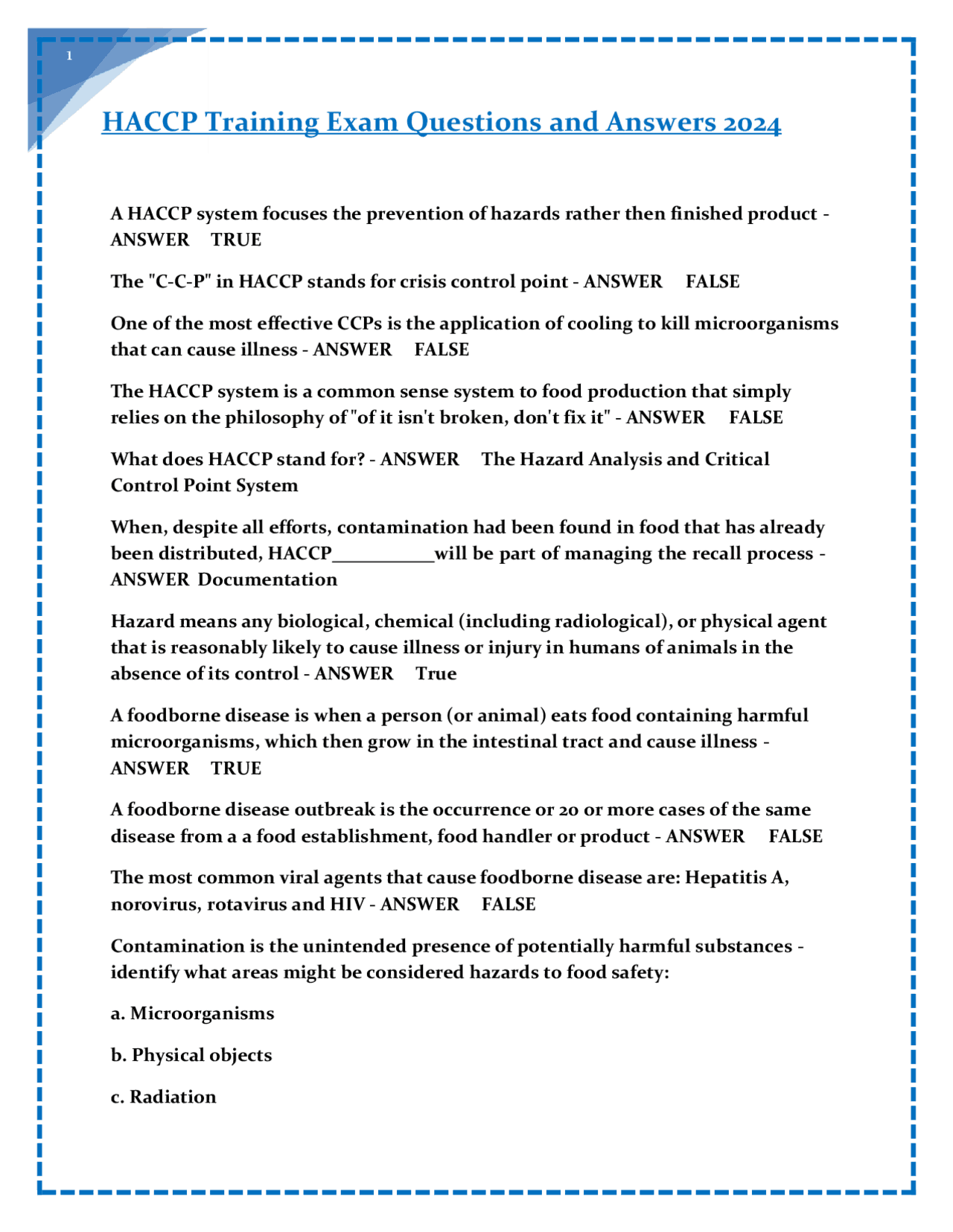 HACCP Training Exam Questions and Answers 2024 | Exams Nursing | Docsity