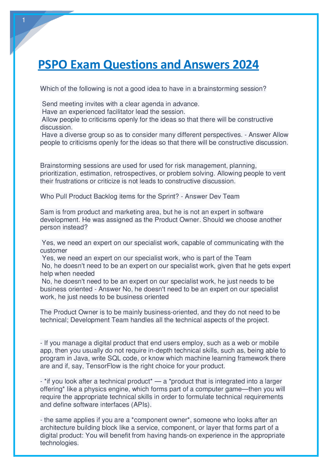 PSPO Exam Questions and Answers 2024 | Exams Nursing | Docsity