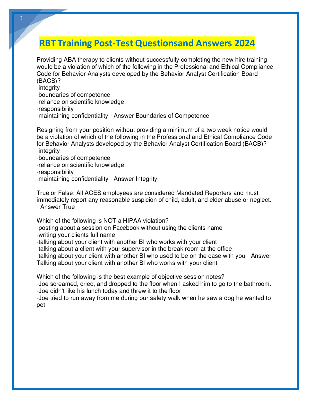 RBT Training Post-Test Questions and Answers 2024 | Exams Nursing | Docsity