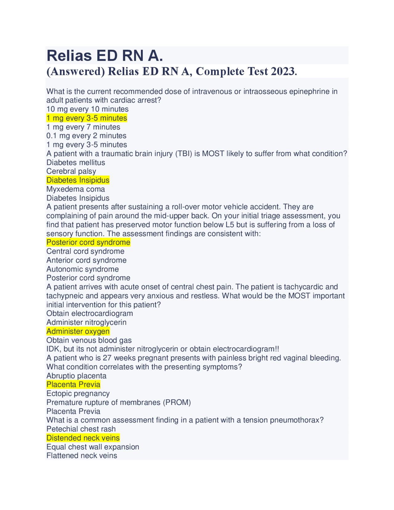 Relias ED RN A. (Answered) Relias ED RN A, Complete Test 2023. | Exams ...