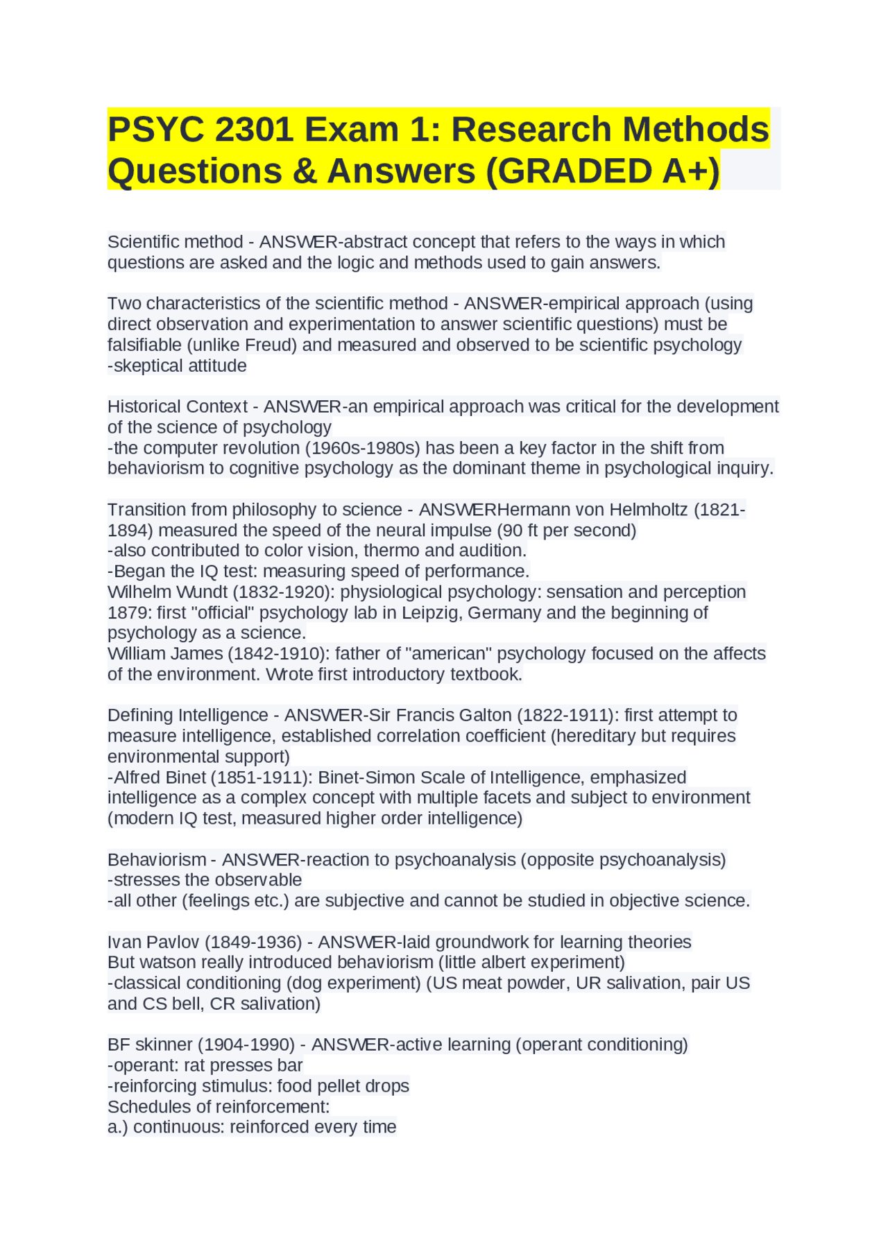 PSYC 2301 Exam 1: Research Methods Questions & Answers (GRADED A+) | Exams Psychology | Docsity