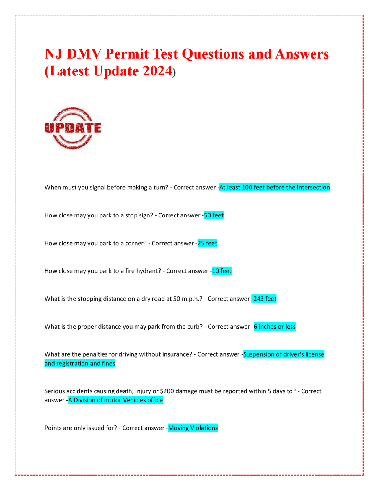 NJ DMV Permit Test Questions and Answers (Latest Update 2024 | Exams ...