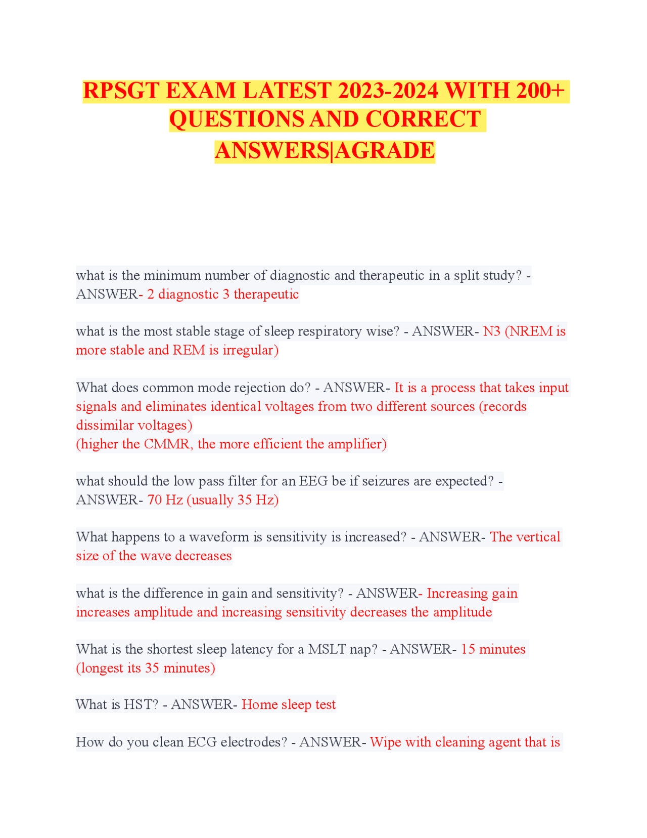 RPSGT EXAM LATEST 2023-2024 WITH 200+ QUESTIONS AND CORRECT ANSWERS ...