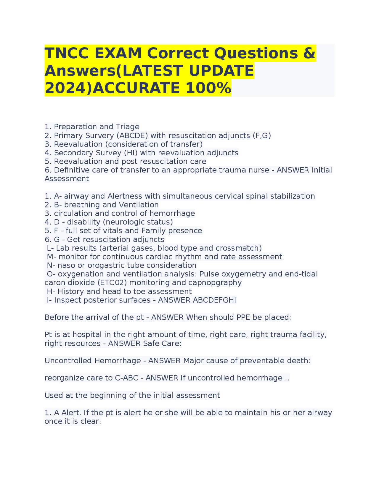 TNCC EXAM Correct Questions & Answers(LATEST UPDATE 2024)ACCURATE 100% ...
