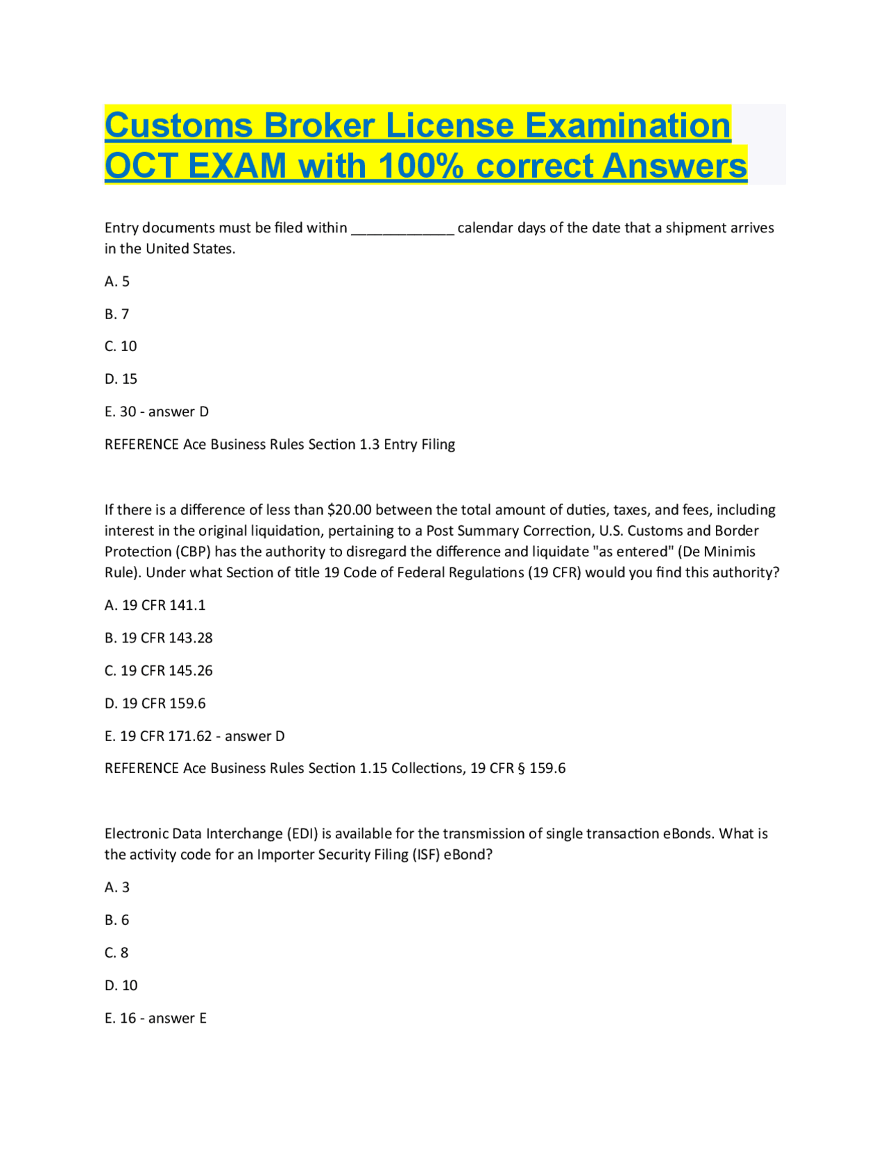 Customs Broker License Examination OCT EXAM with 100% correct Answers ...