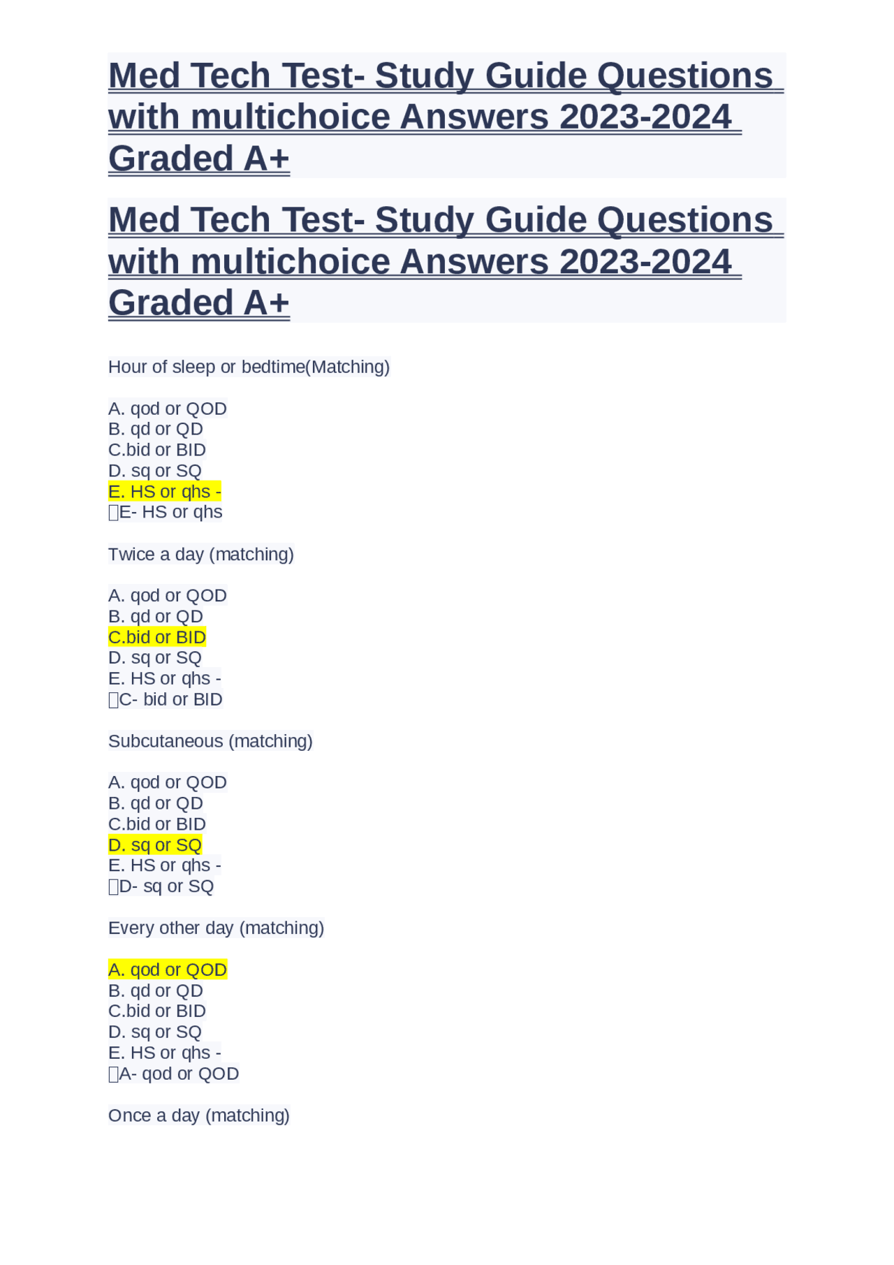 Med Tech Test- Study Guide Questions with multichoice Answers 2023-2024 ...