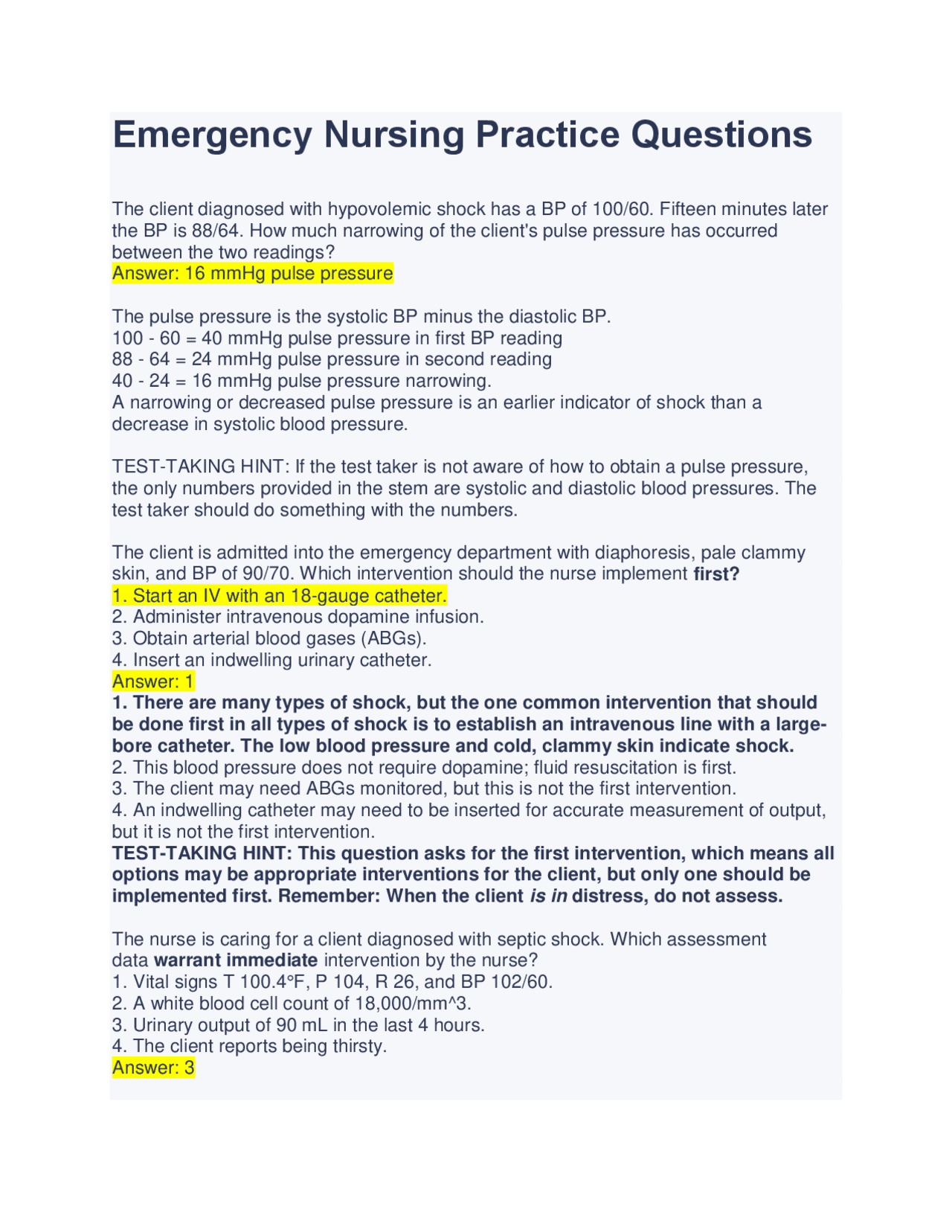 Emergency Nursing Practice Questions | Exercises Nursing | Docsity