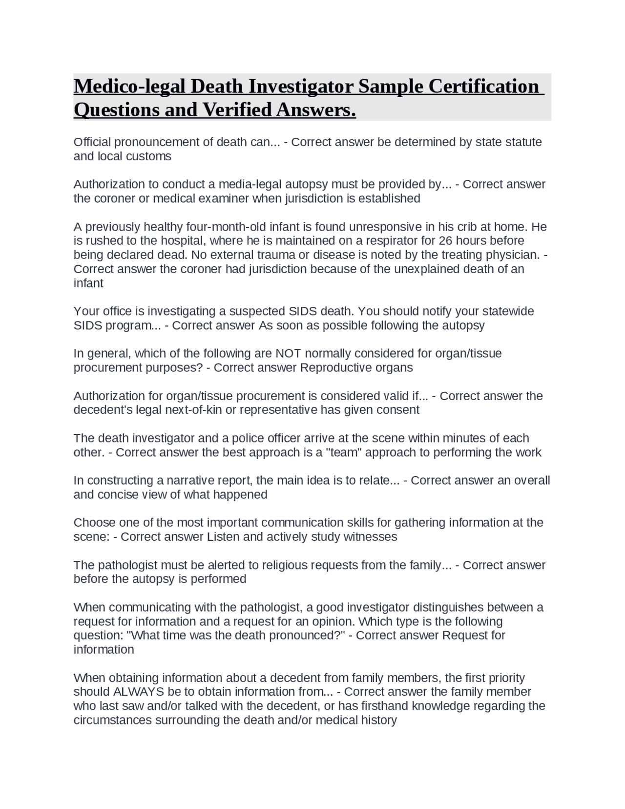 Medico-legal Death Investigator Sample Certification Questions and ...