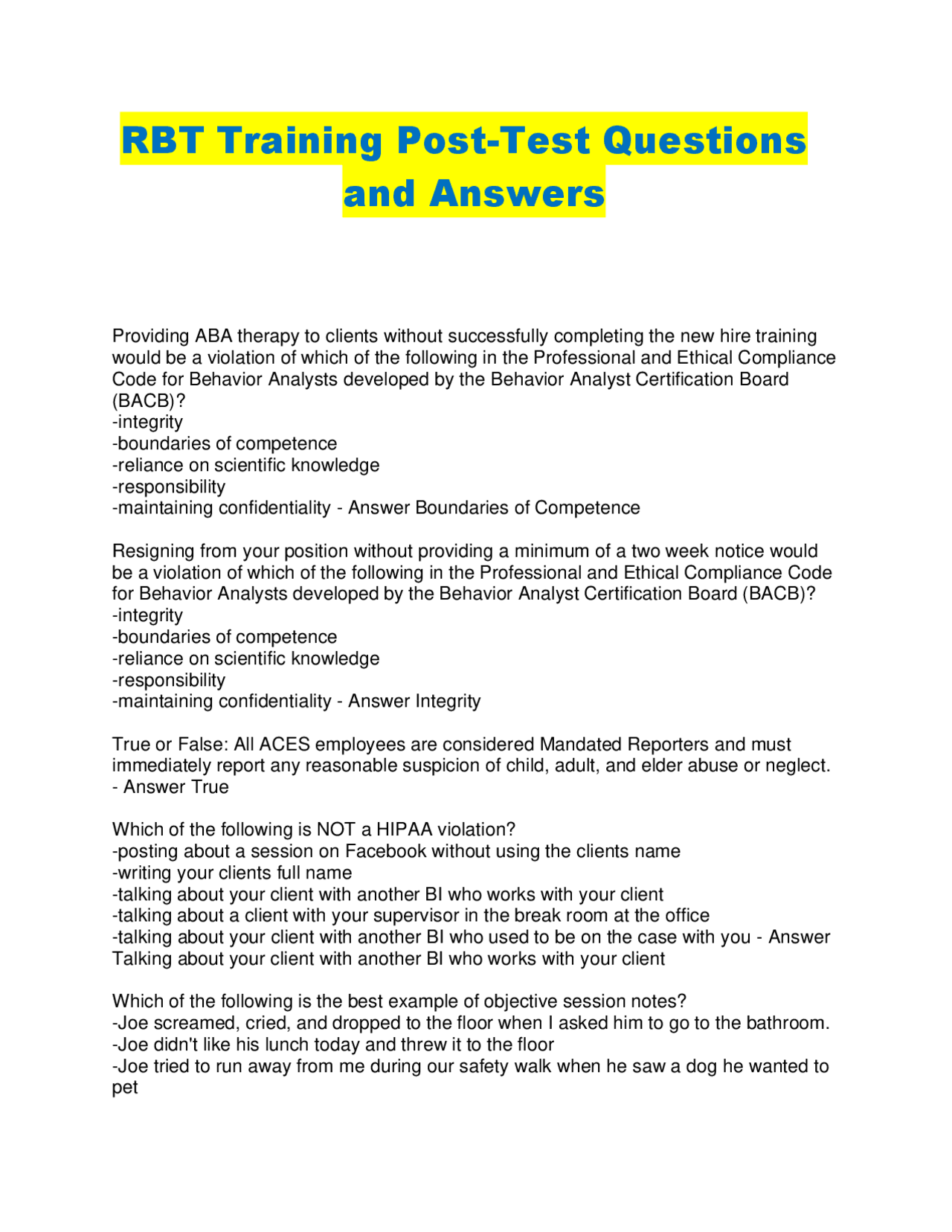 RBT Training Post-Test Questions and Answers | Exams Nursing | Docsity