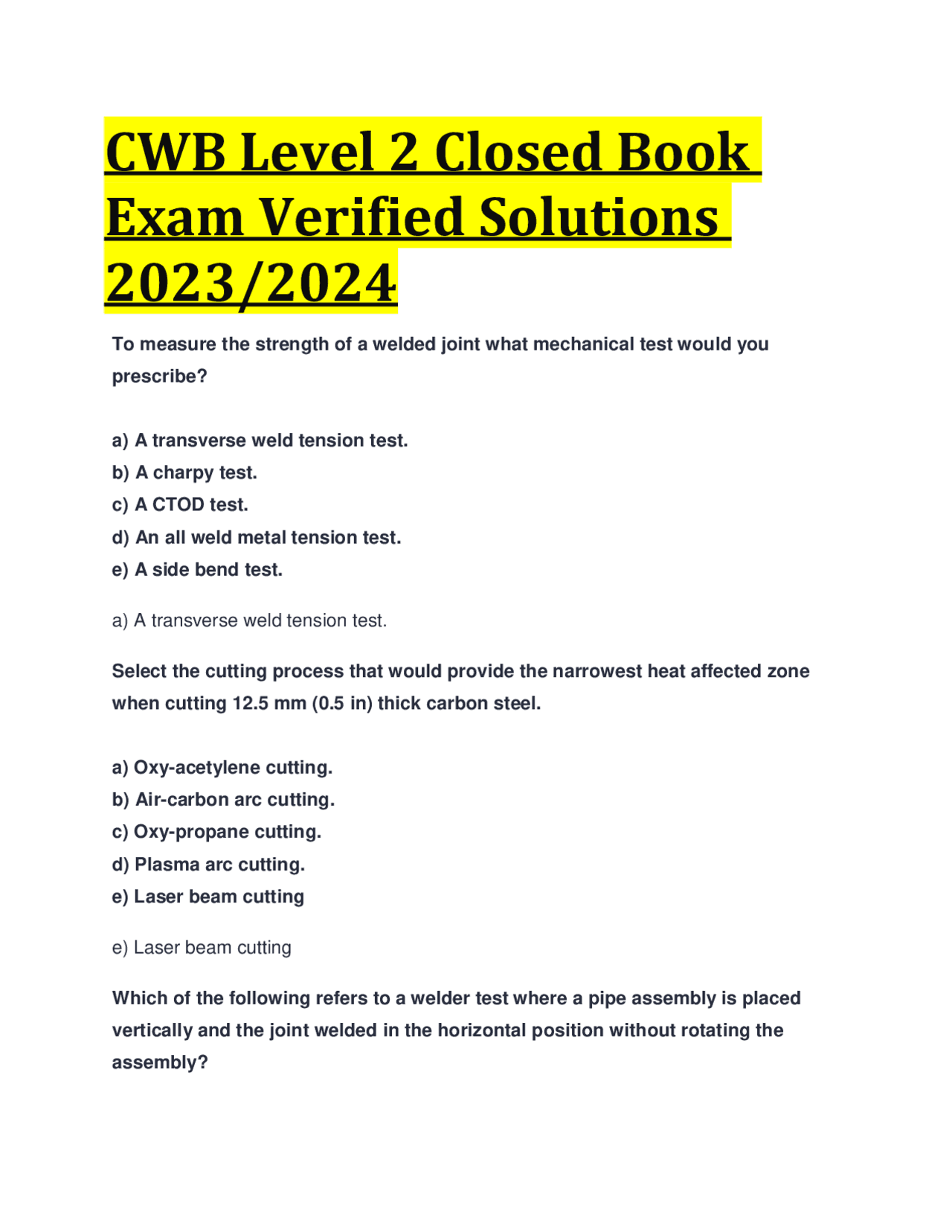 CWB Level 2 Closed Book Exam Verified Solutions 2023/2024 | Exams ...