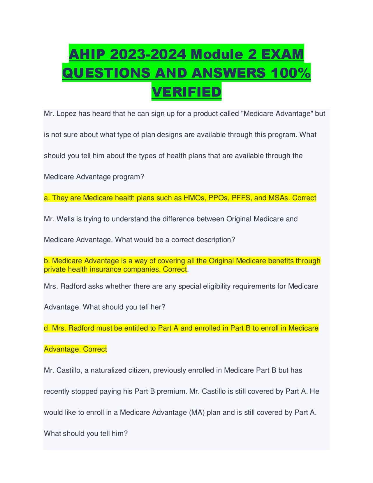 AHIP 2023-2024 Module 2 EXAM QUESTIONS AND ANSWERS 100% VERIFIED ...