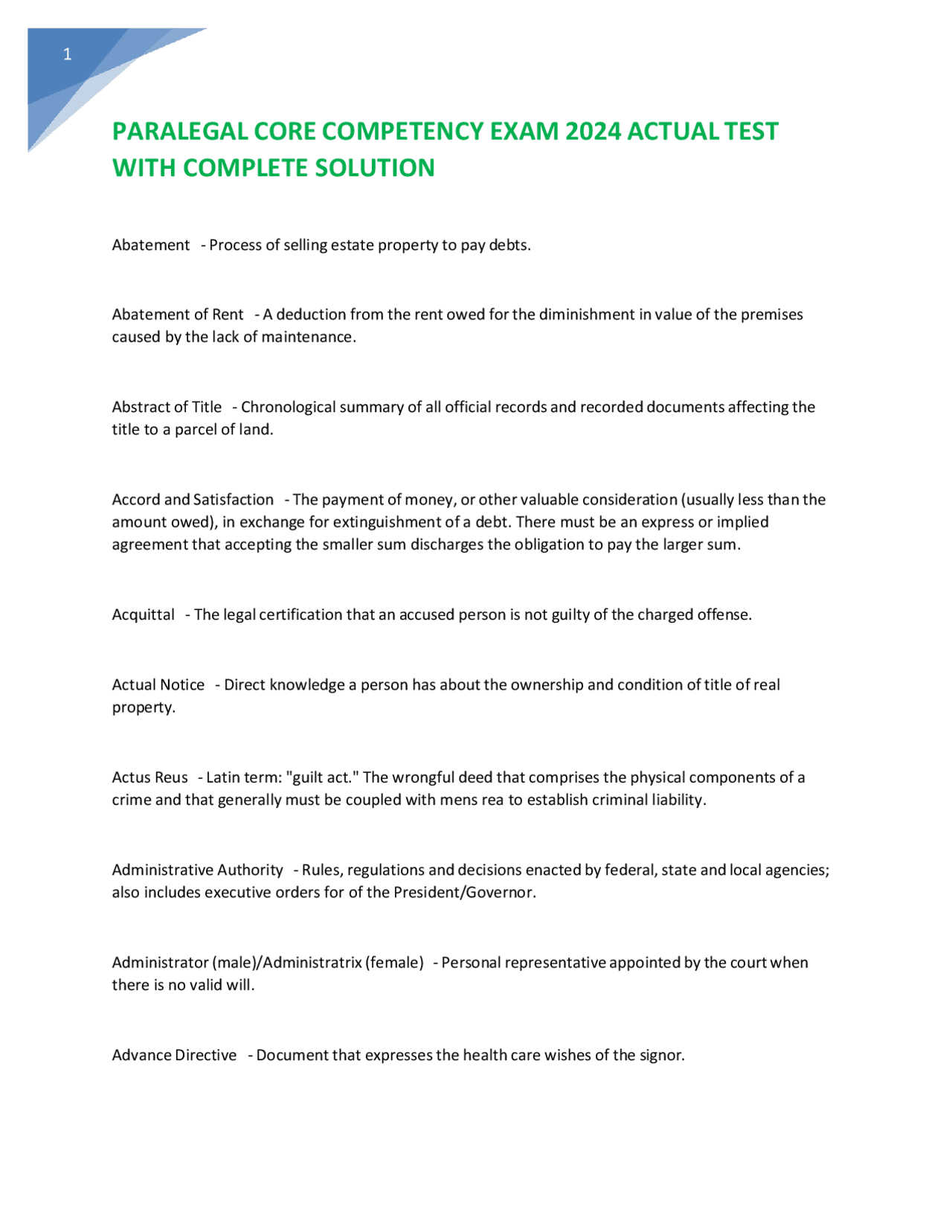 PARALEGAL CORE COMPETENCY EXAM 2024 ACTUAL TEST WITH COMPLETE SOLUTION ...