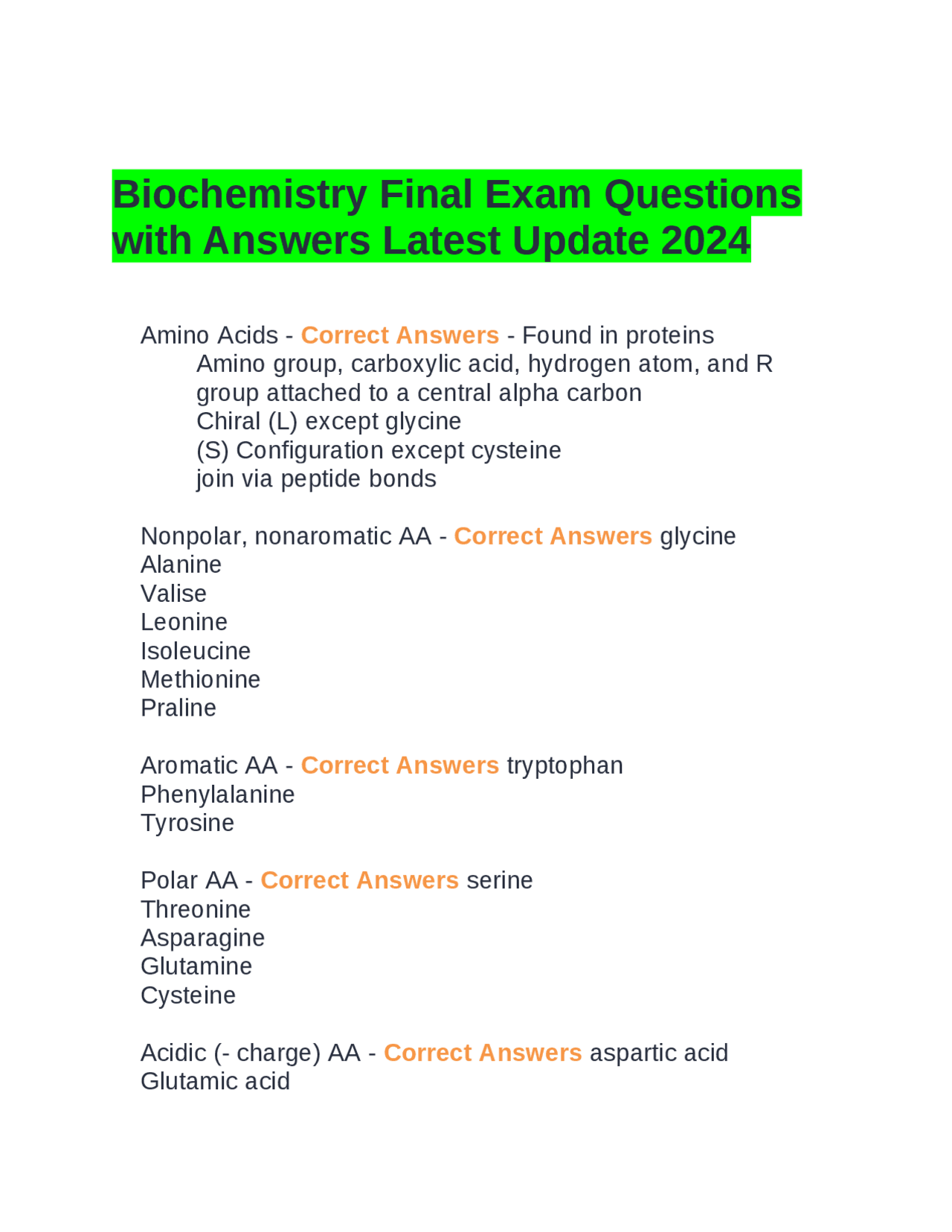 Biochemistry Final Exam Questions with Answers Latest Update 2024 ...