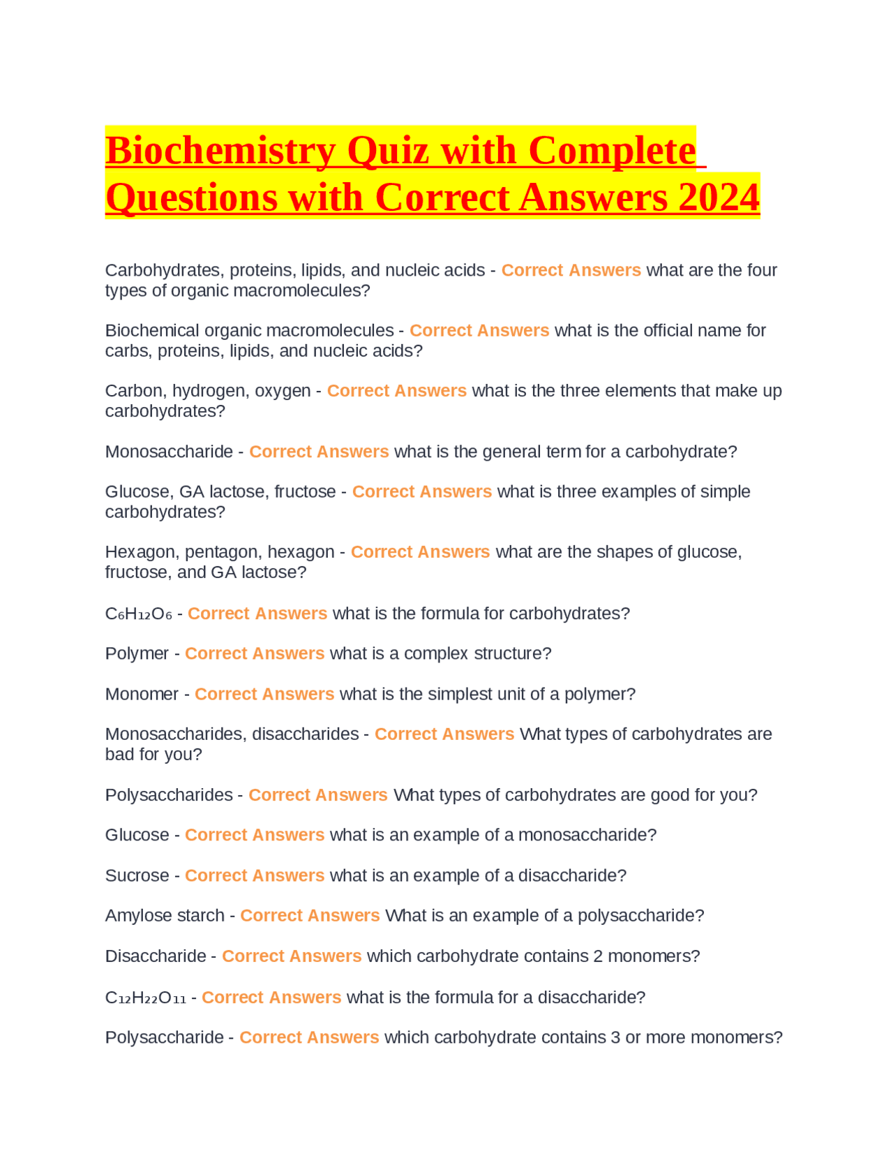 Biochemistry Quiz with Complete Questions with Correct Answers 2024 ...