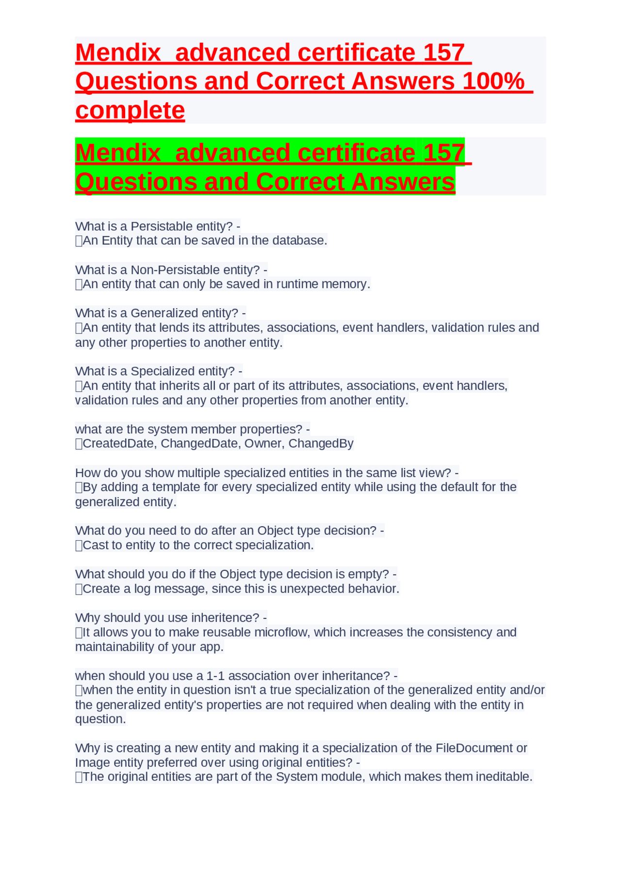 Mendix advanced certificate 157 Questions and Correct Answers 100% ...