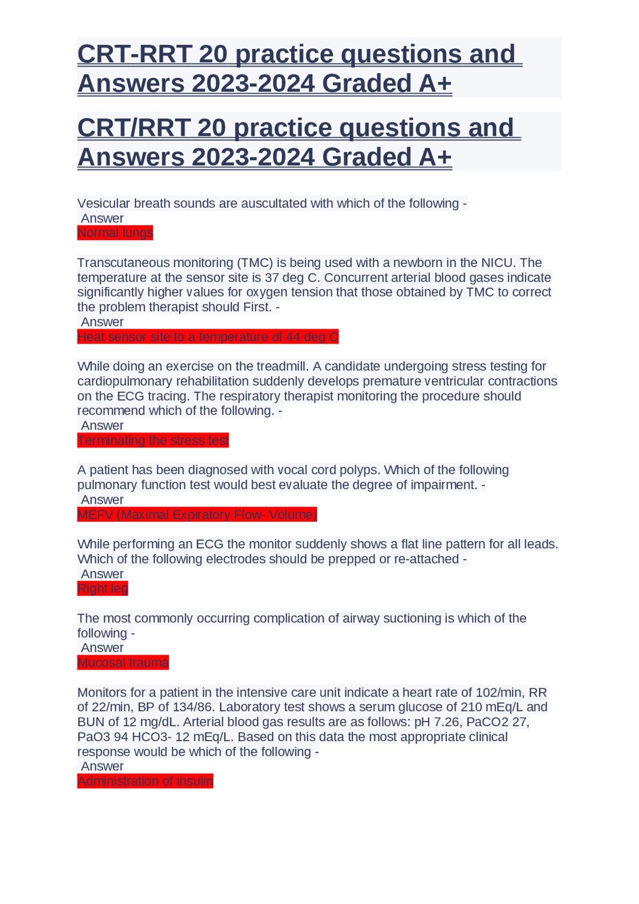 CRT-RRT 20 practice questions and Answers 2023-2024 Graded A+.docx ...