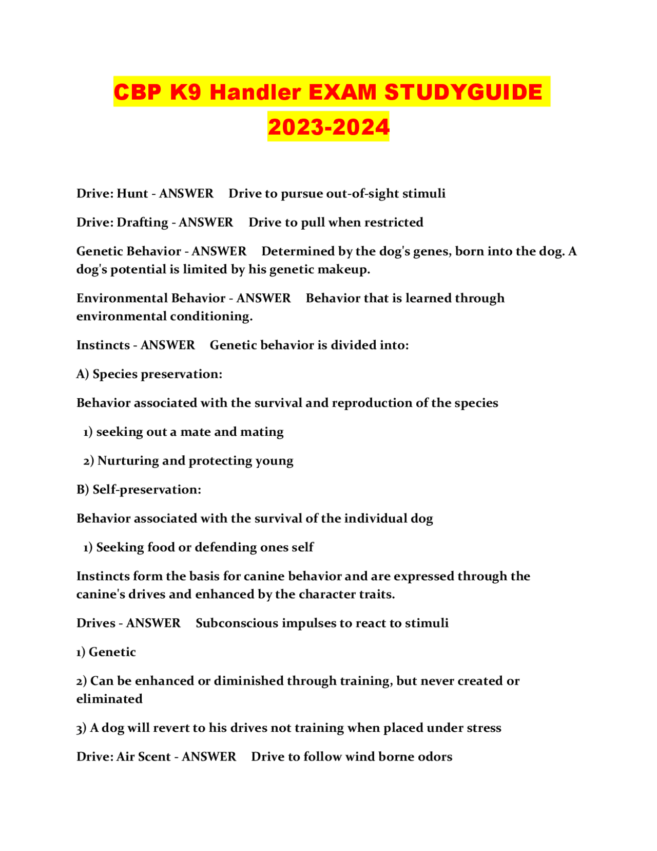 CBP K9 Handler EXAM STUDY GUIDE 2023-2024 | Exams Nursing | Docsity