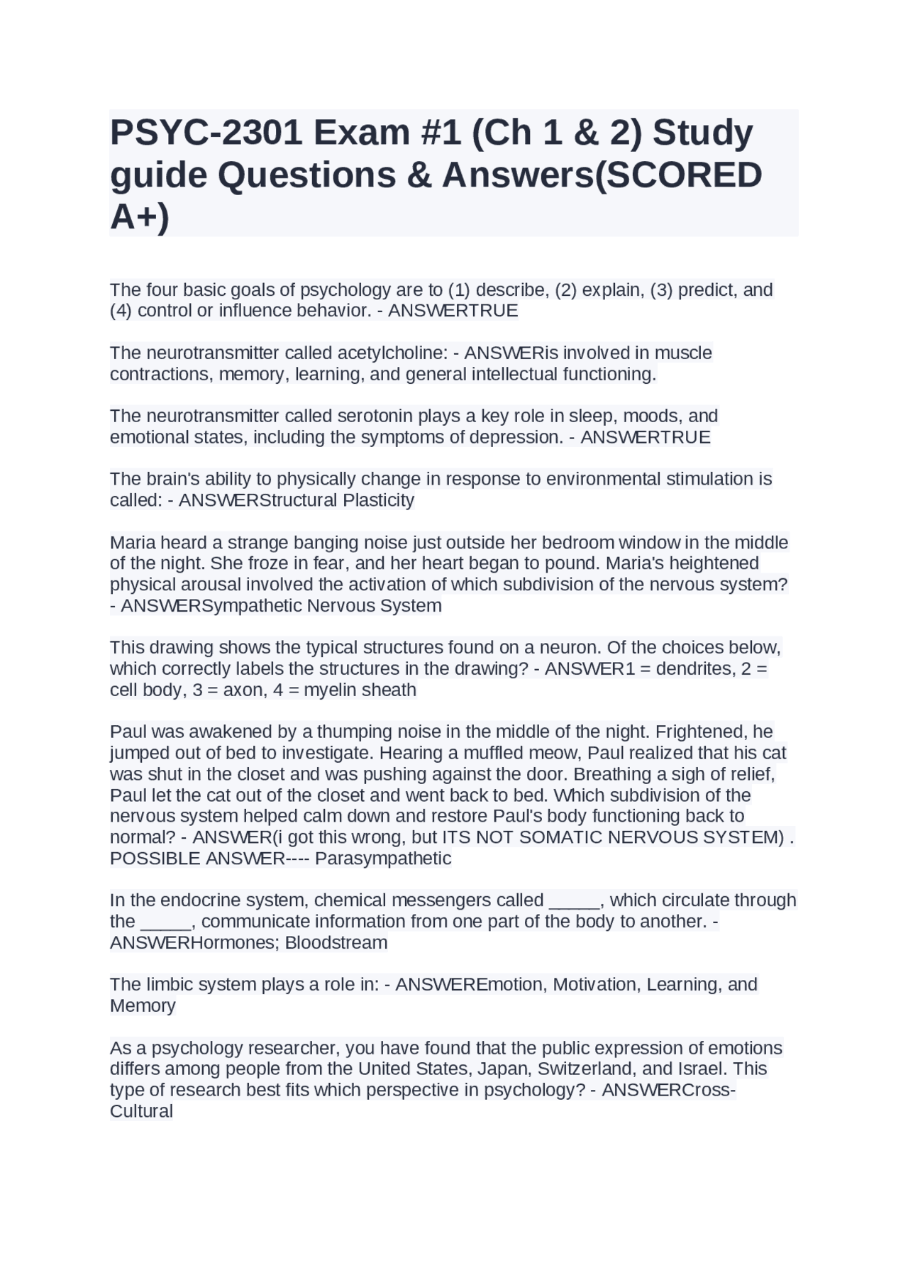 PSYC-2301 Exam #1 (Ch 1 & 2) Study guide Questions & Answers(SCORED A+ ...