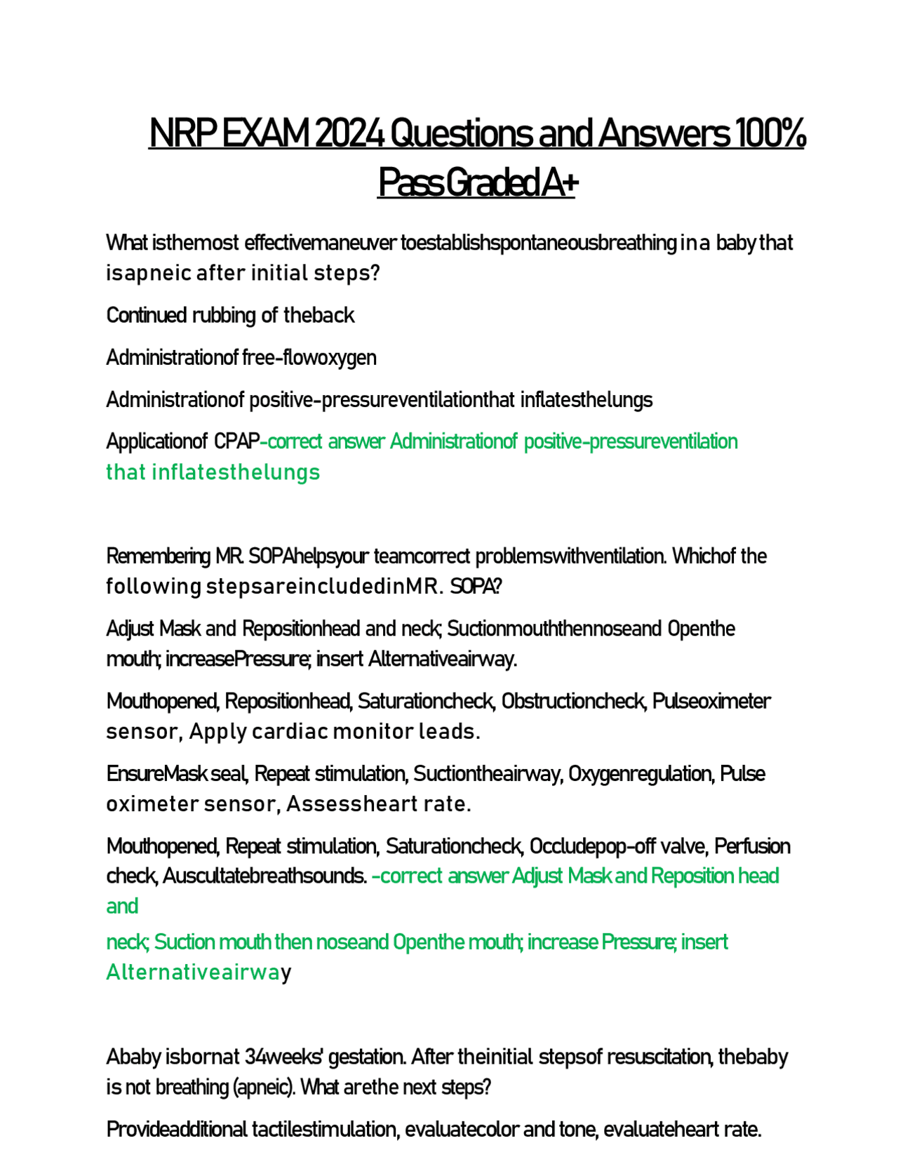 NRP EXAM 2024 Questions and Answers 100% Pass Graded A+ | Exams Nursing | Docsity