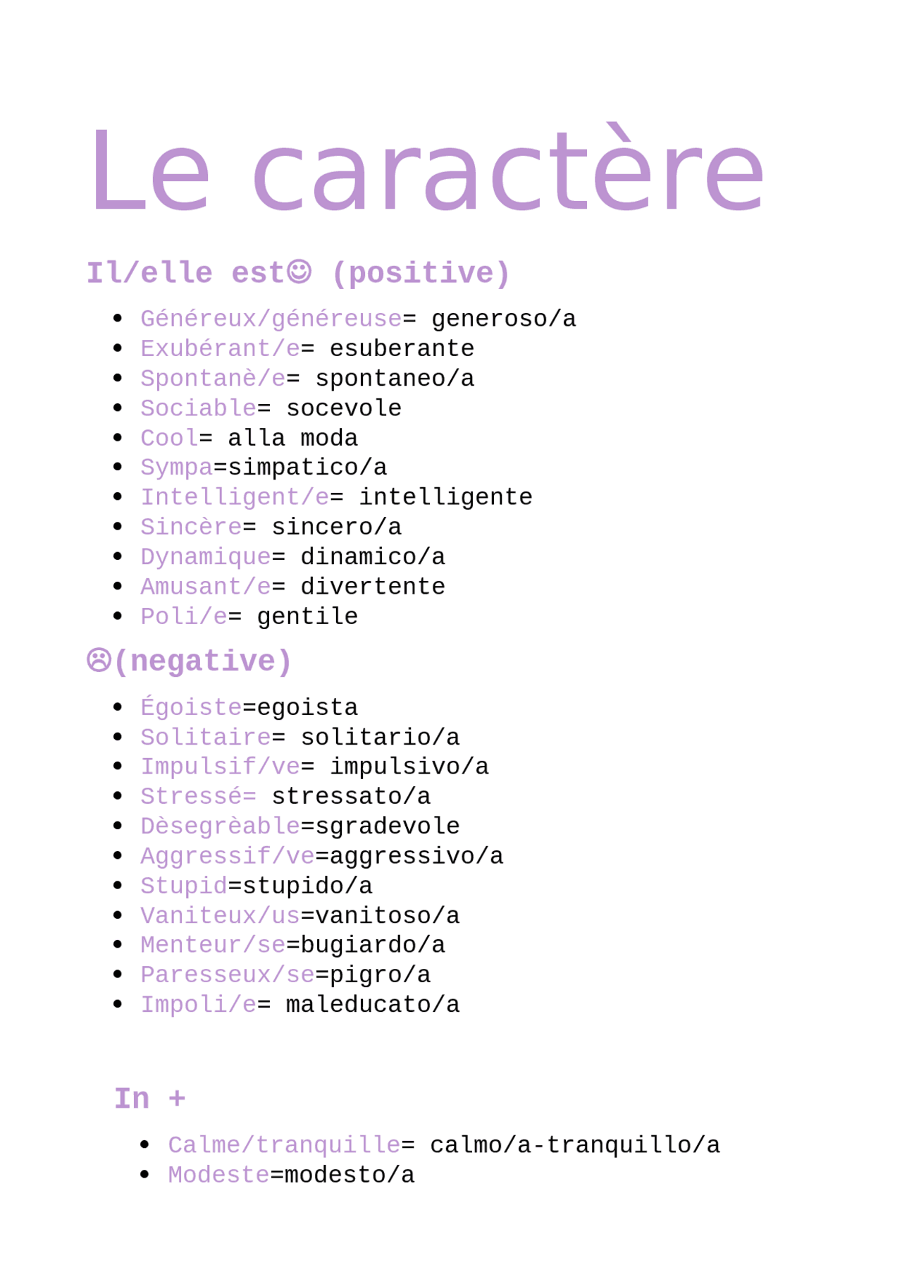 aspetti del carattere in francese | Schemi e mappe concettuali di ...
