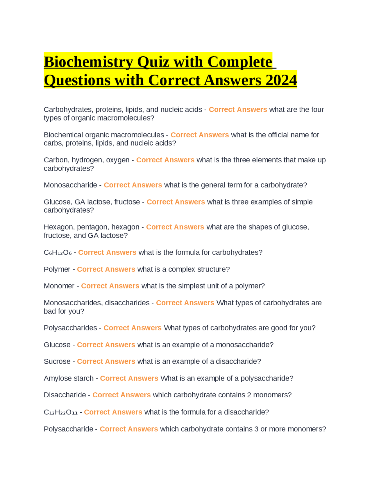 Biochemistry Quiz with Complete Questions with Correct Answers 2024 ...