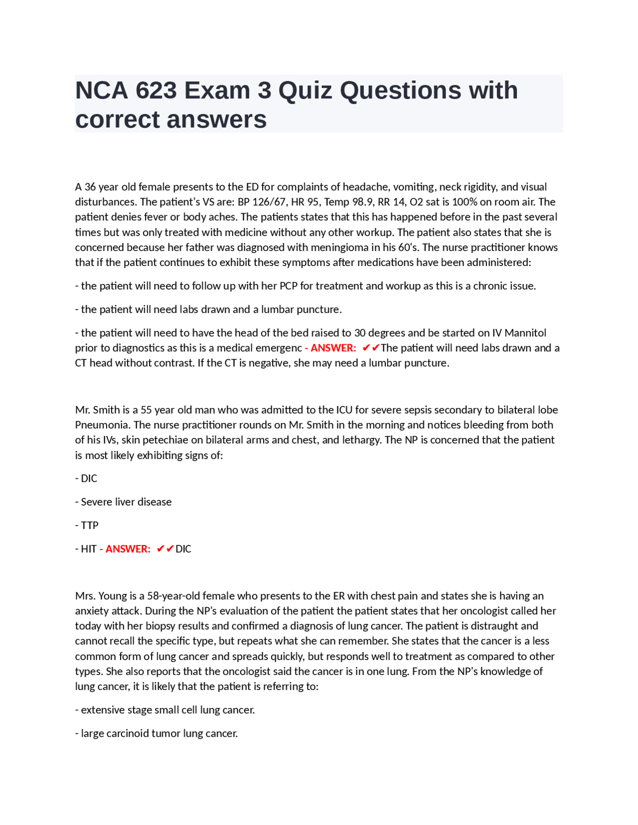 NCA 623 Exam 3 Quiz Questions with correct answers | Exams Nursing ...