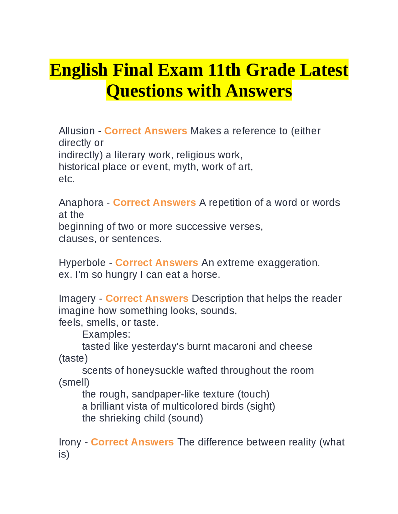 English Final Exam 11th Grade Latest Questions with Answers | Exams ...
