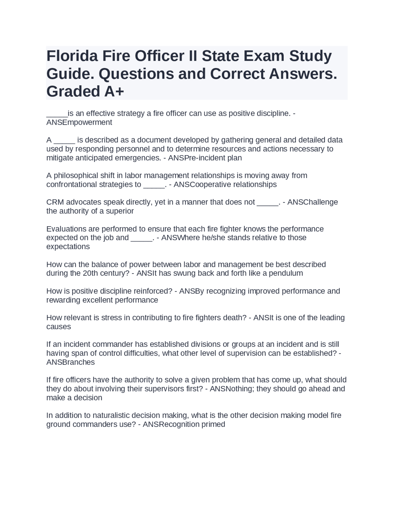 Florida Fire Officer II State Exam Study Guide. Questions and Correct ...