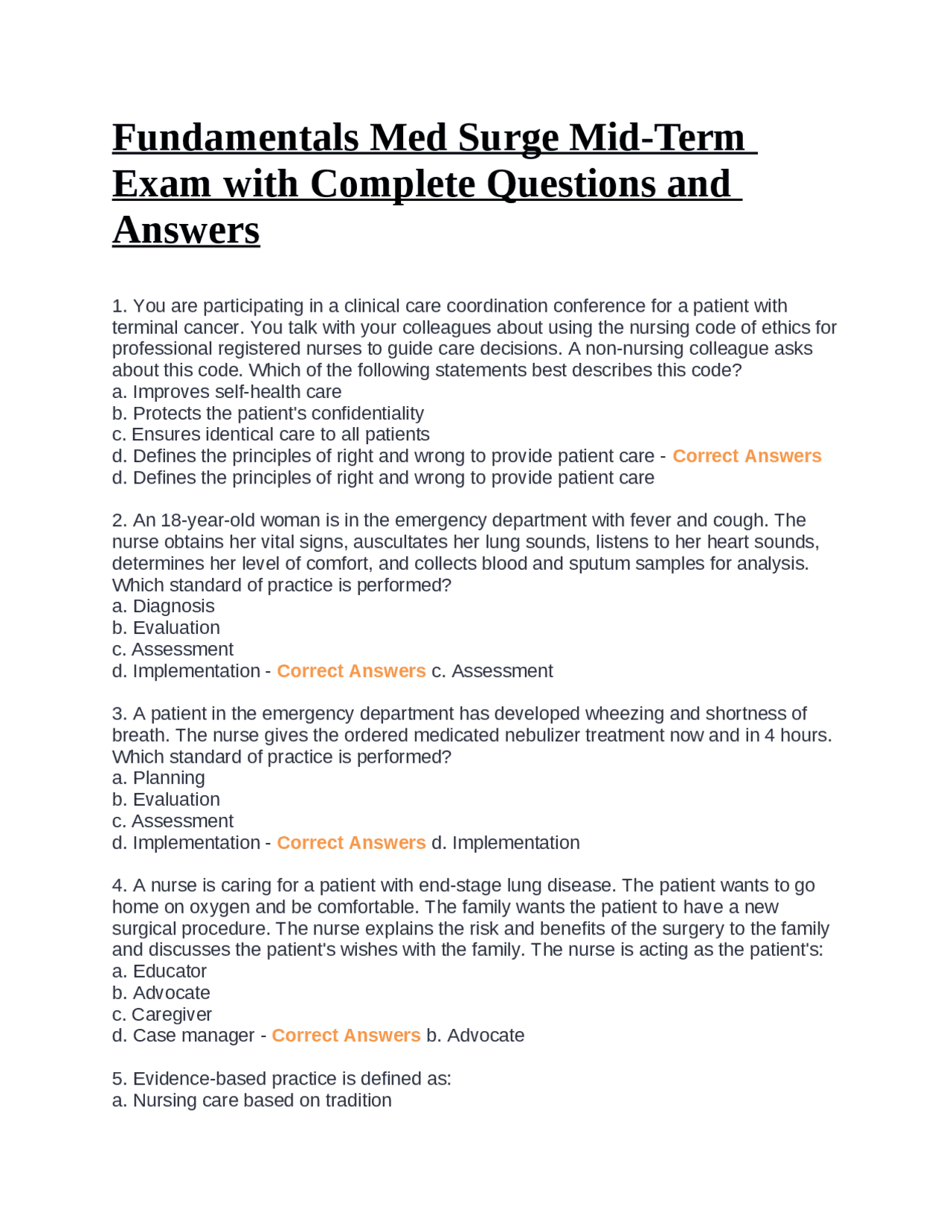 Fundamentals Med Surge Mid-Term Exam with Complete Questions and ...