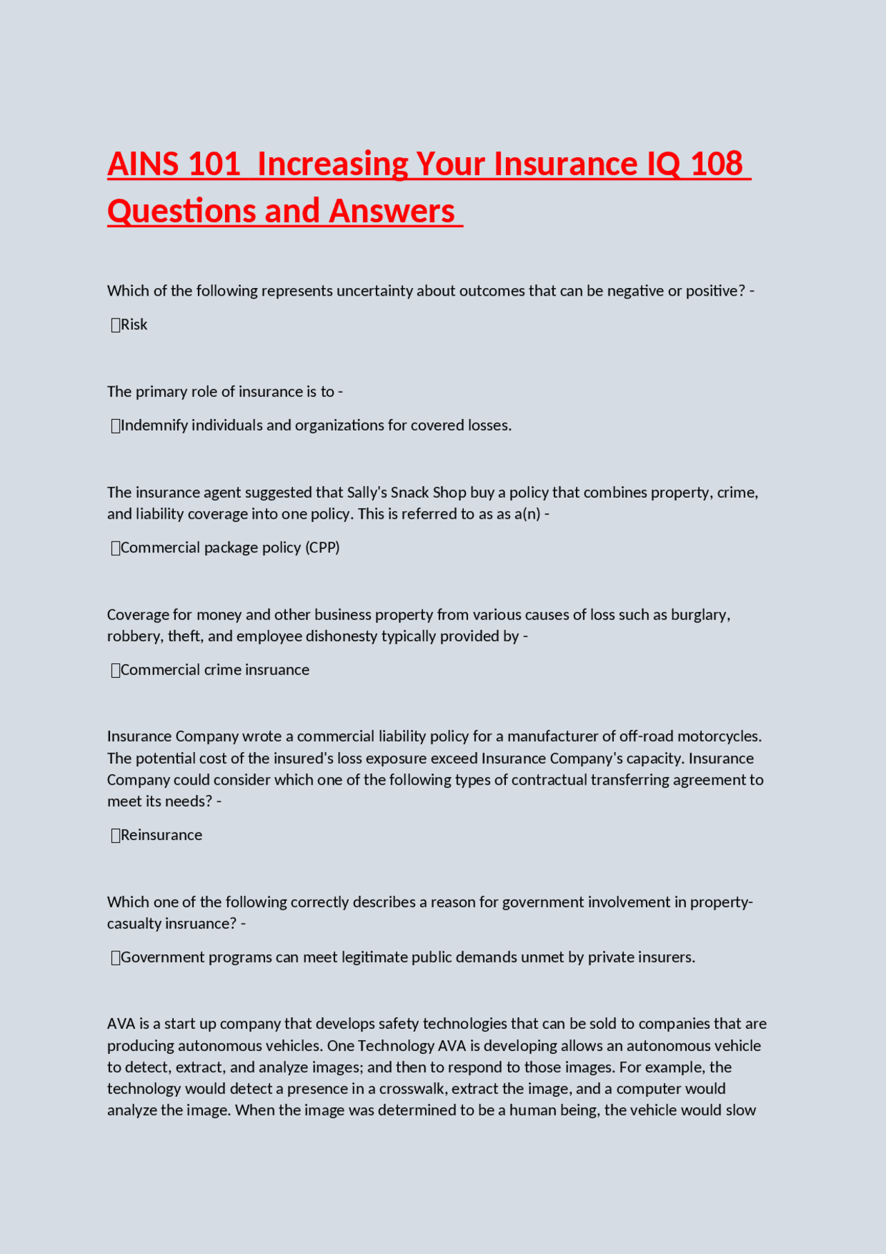 AINS 101 Increasing Your Insurance IQ 108 Questions and Answers | Exams ...