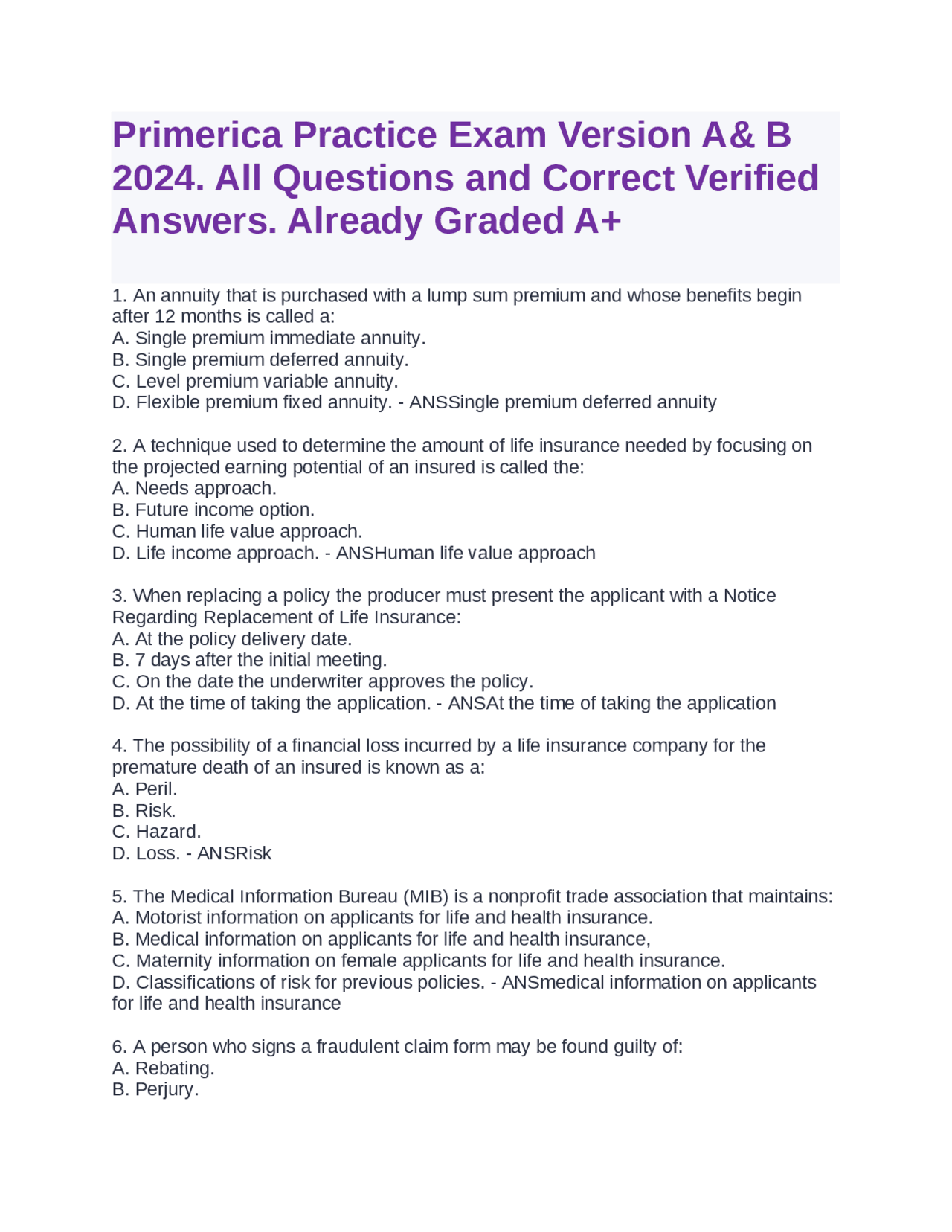 Primerica Practice Exam Version A& B 2024. All Questions and Correct ...