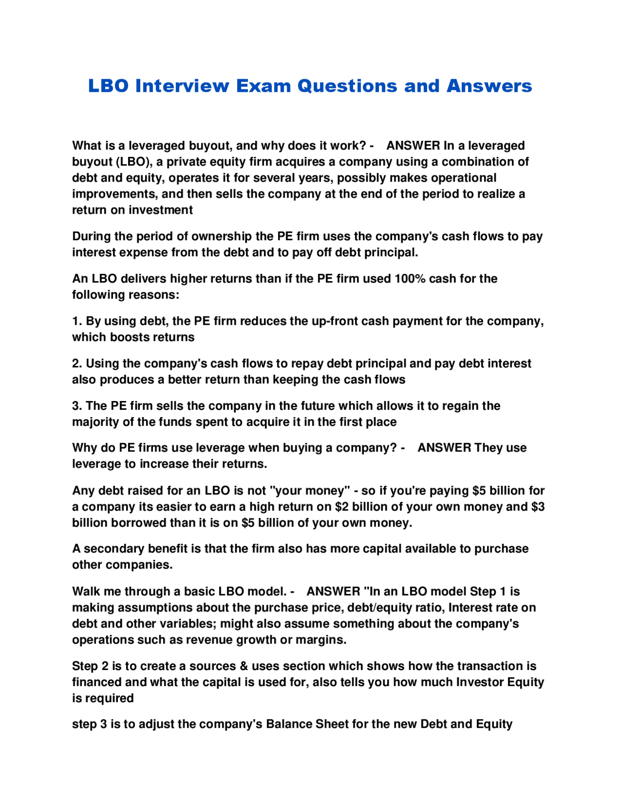 LBO Interview Exam Questions and Answers | Exams Nursing | Docsity