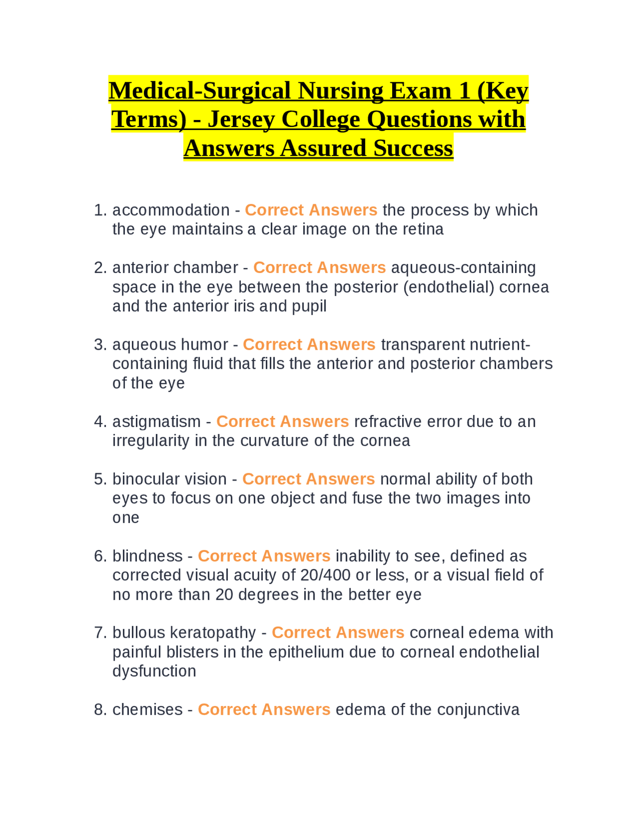 Medical-Surgical Nursing Exam 1 (Key Terms) - Jersey College Questions ...