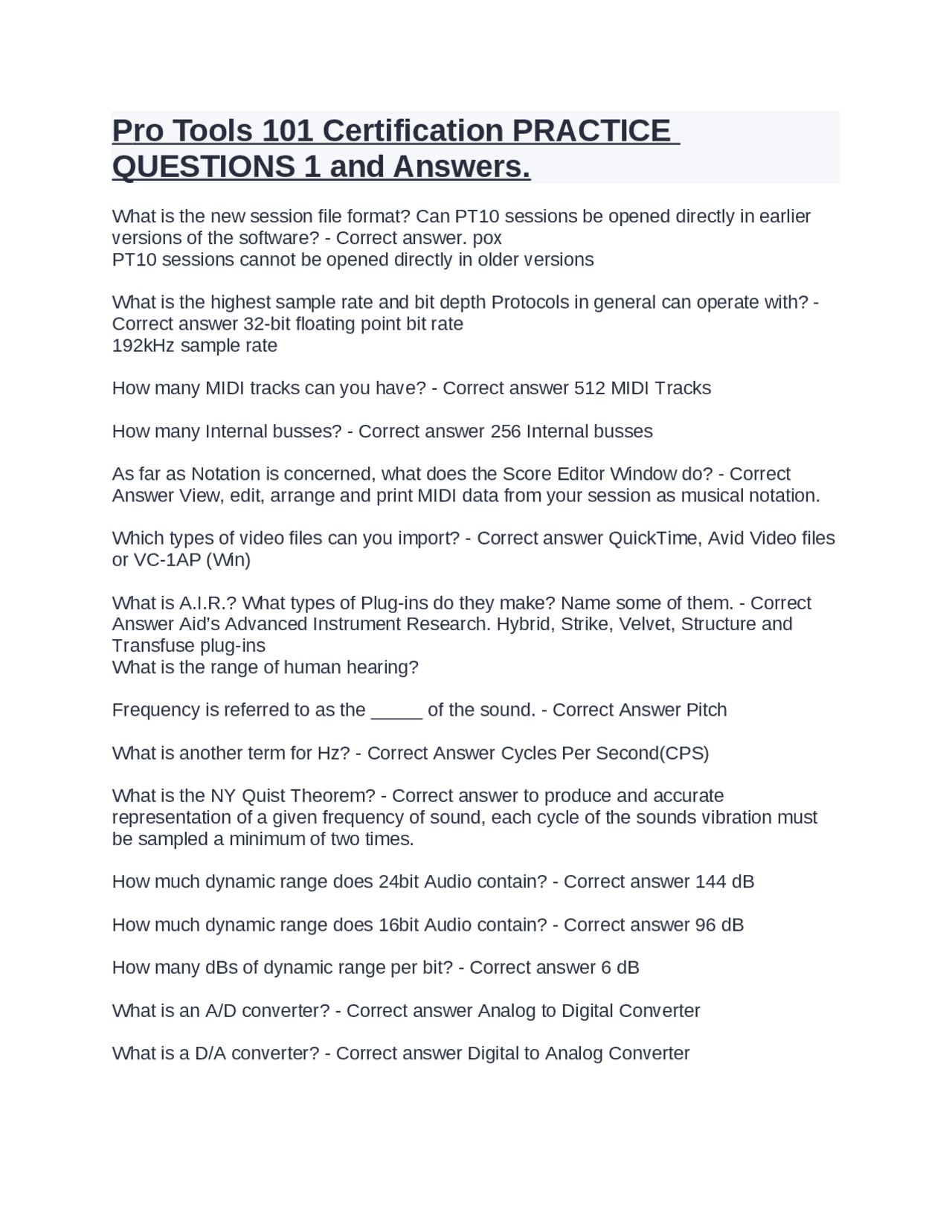 Pro Tools 101 Certification PRACTICE QUESTIONS 1 and Answers. | Exams Media Management | Docsity