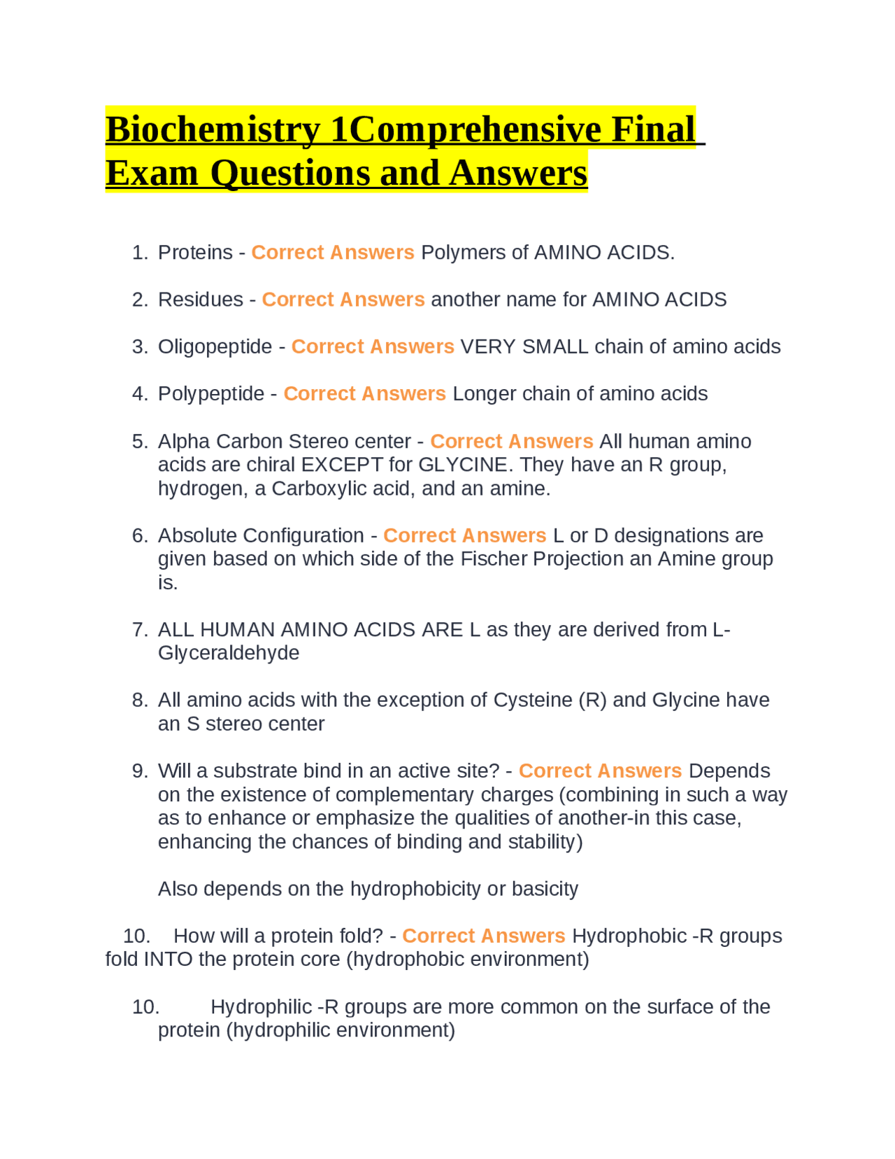 Biochemistry 1Comprehensive Final Exam Questions and Answers | Exams ...