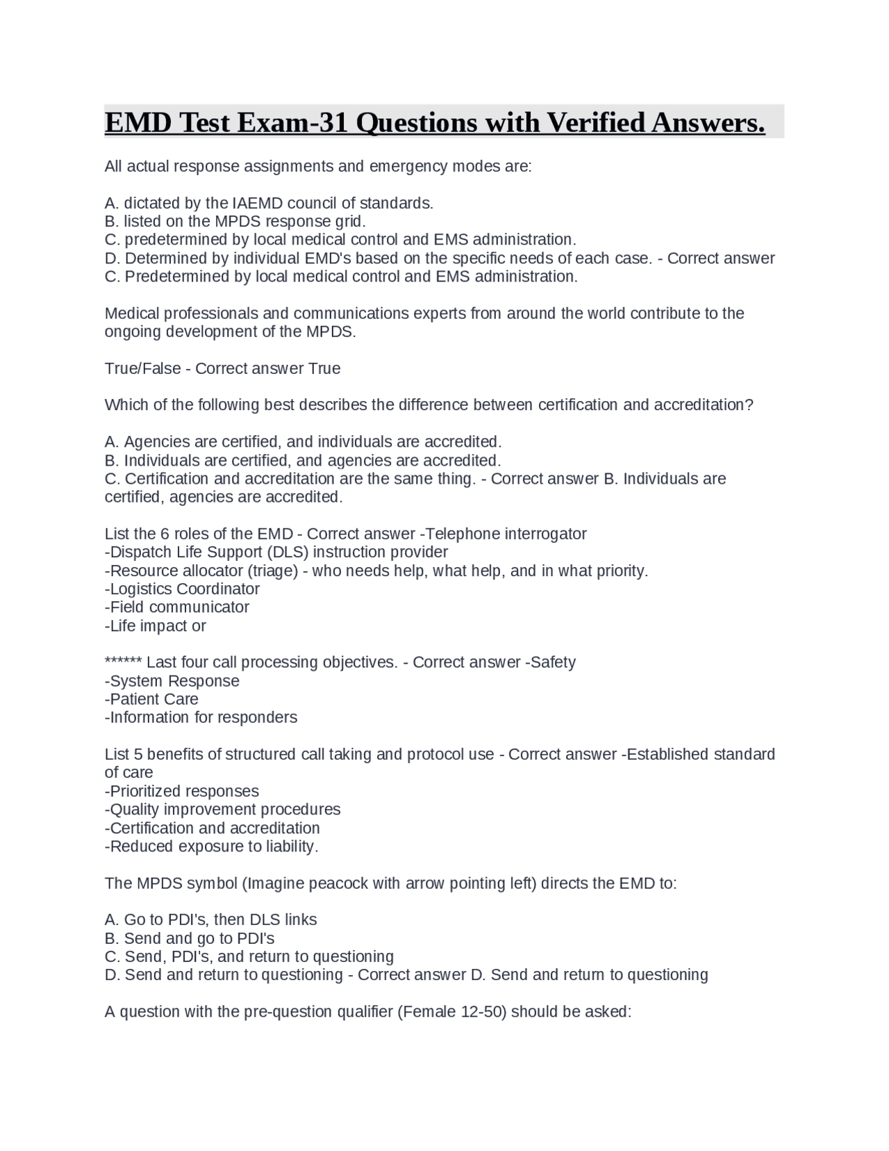 EMD Test Exam-31 Questions with Verified Answers. | Exams Health ...