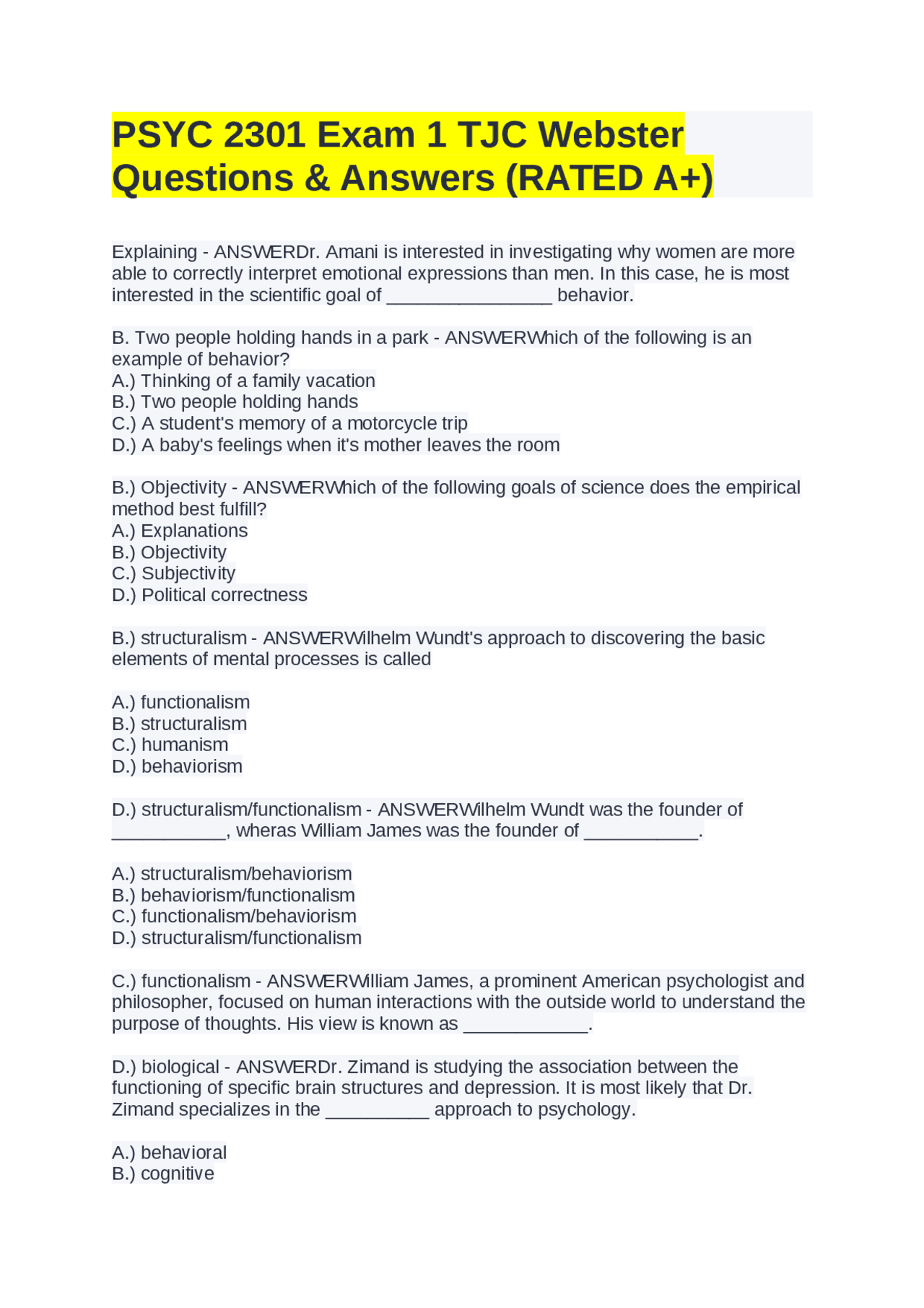 PSYC 2301 Exam 1 TJC Webster Questions & Answers (RATED A+) | Exams ...