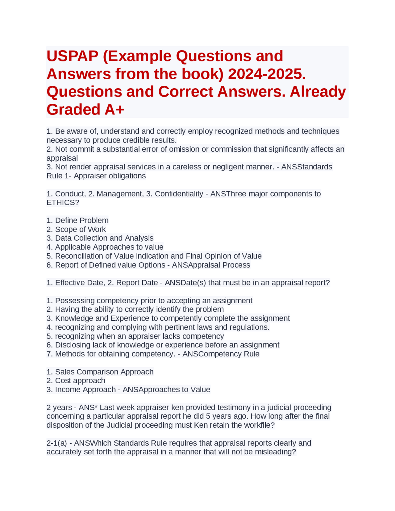 USPAP (Example Questions & Answers from the book) 2024-2025. Questions ...