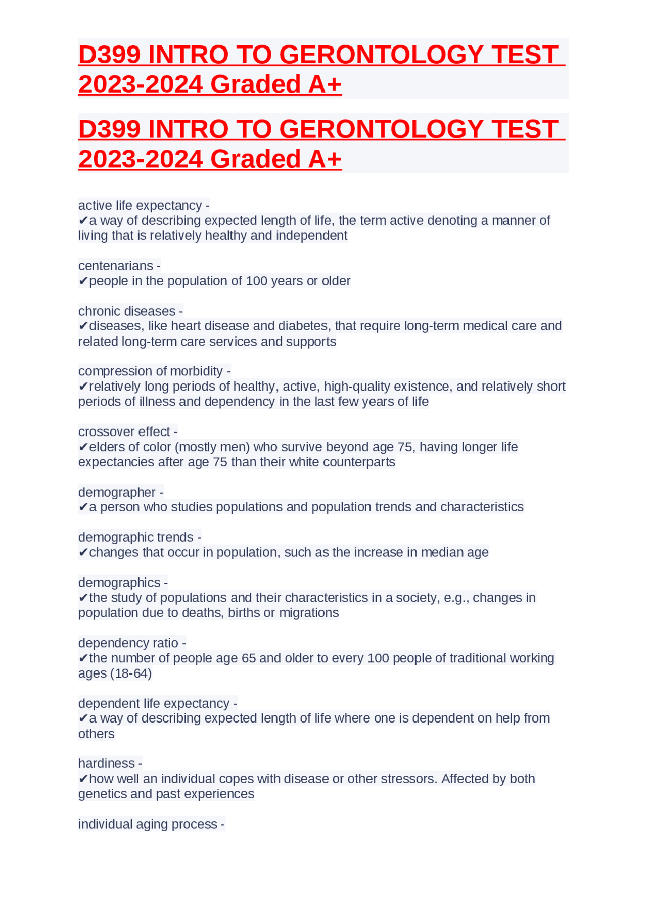 D399 INTRO TO GERONTOLOGY TEST 2023-2024 Graded A+.docx | Exams Nursing ...