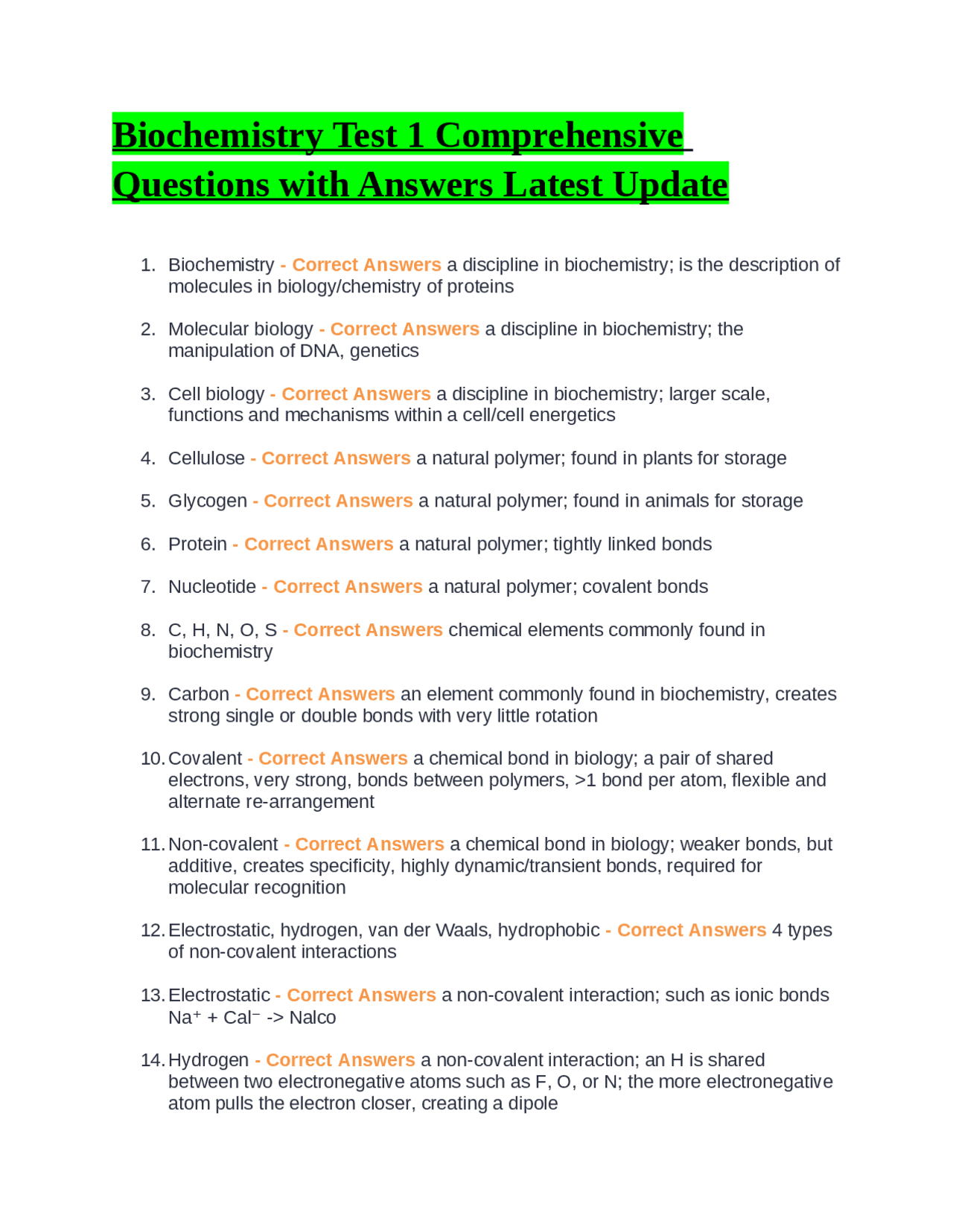 Biochemistry Test 1 Comprehensive Questions with Answers Latest Update ...