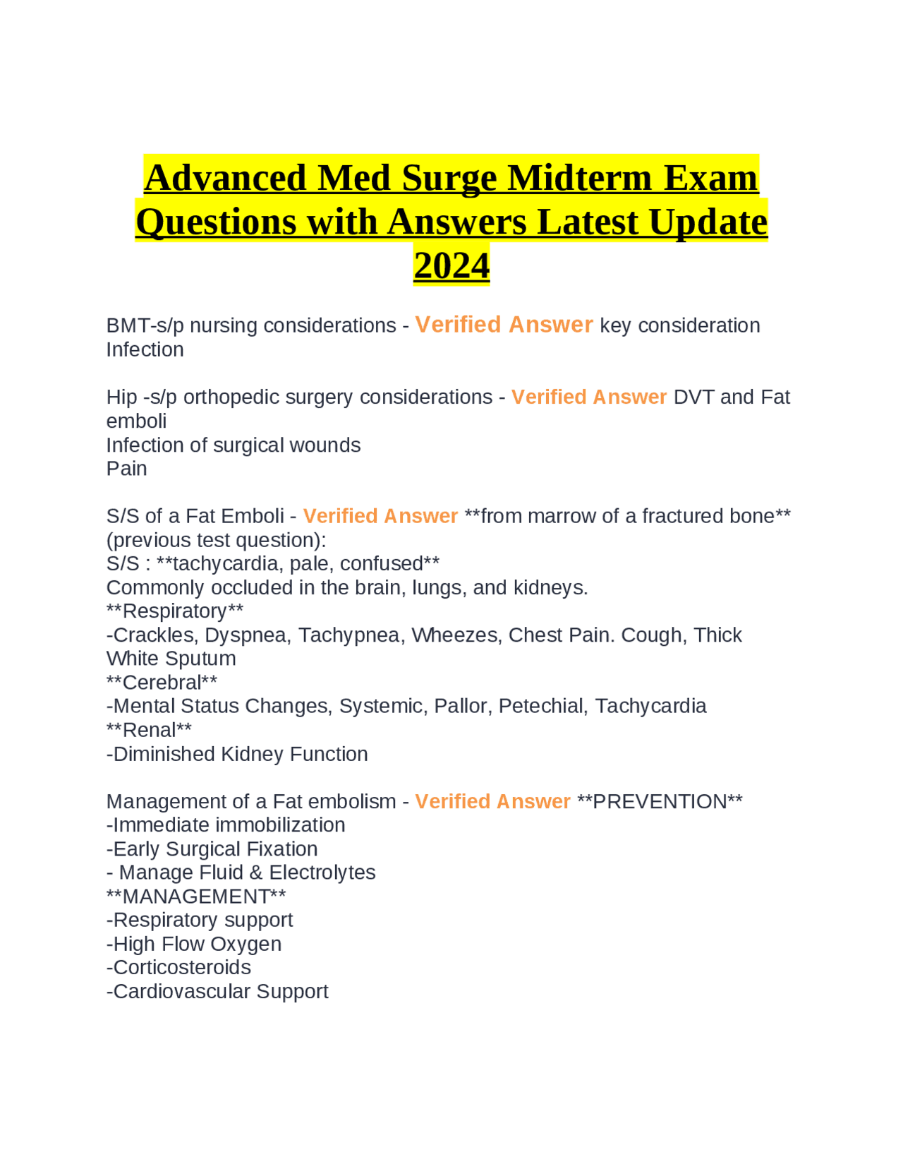 Advanced Med Surge Midterm Exam Questions with Answers Latest Update ...